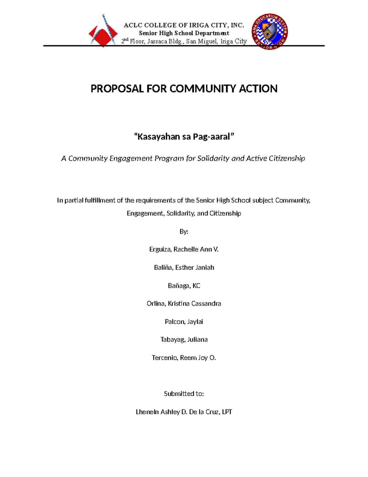 Proposal for Community Action: Engaging Youth in Learning and Joy - Studocu