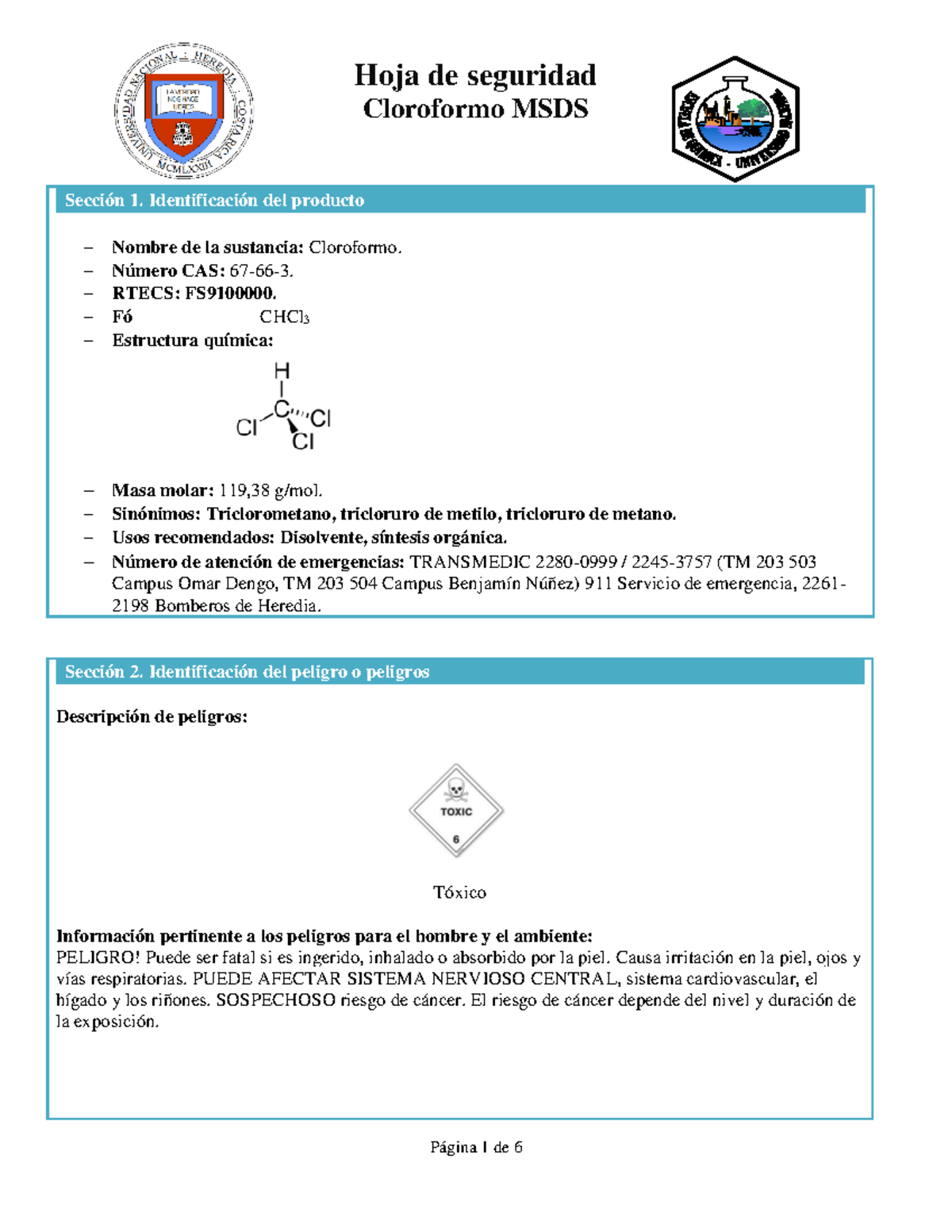 Cloroformo - xcxcx - Hoja de seguridad Cloroformo MSDS Sección 1. Identificación del producto ...
