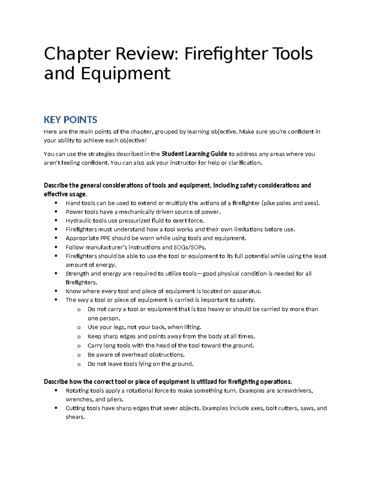 Chapter Review: Firefighter Tools & Equipment Overview (FIRE 101) - Studocu