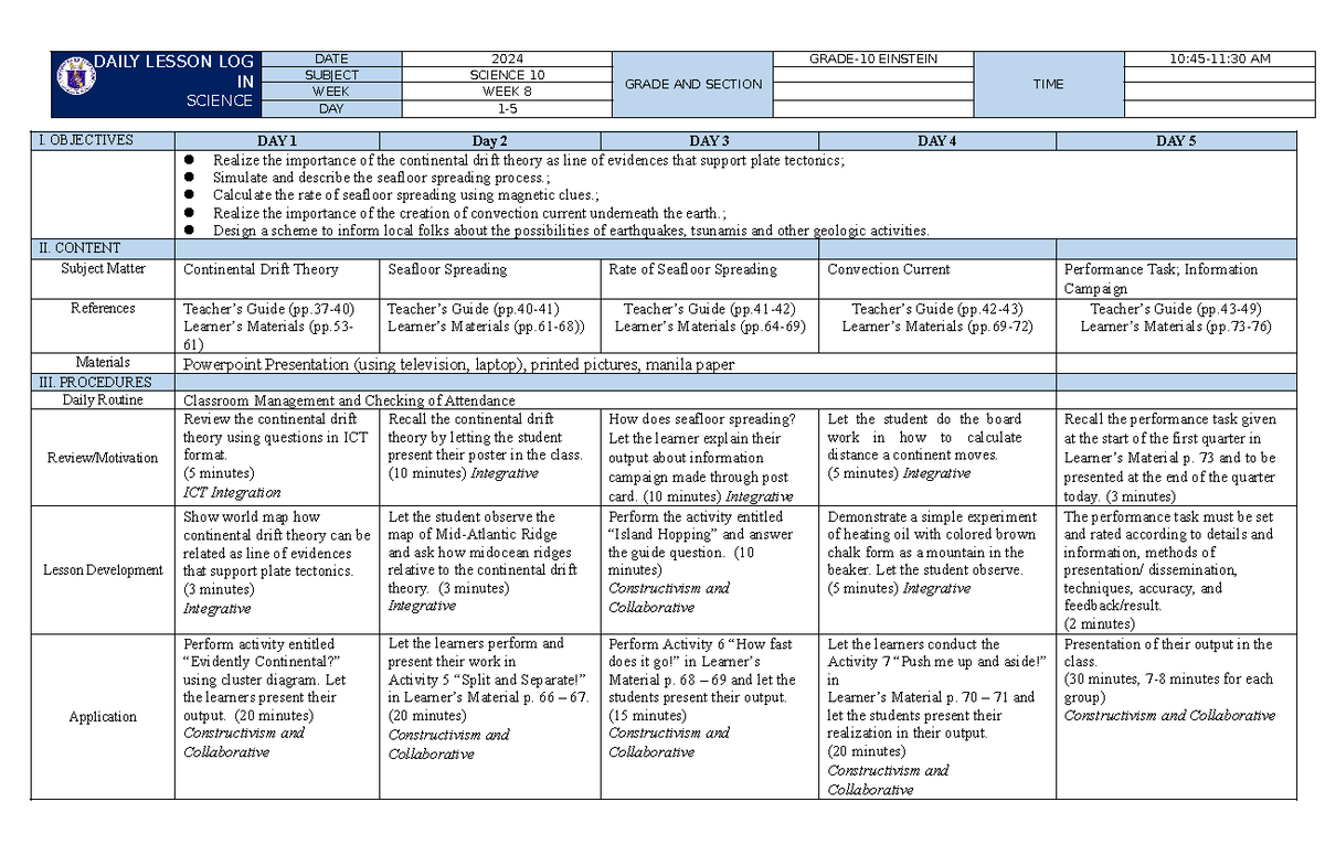 Science 10 DLL WEEK 8 - detailed lesson plan - DAILY LESSON LOG IN ...