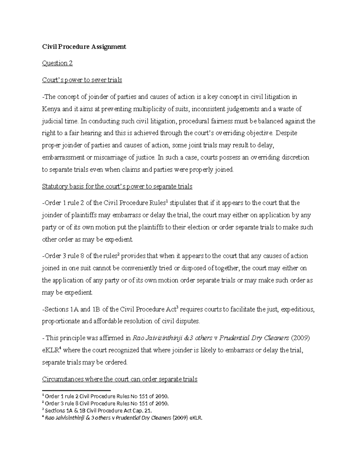 Civil Procedure Assignment: Severance of Trials & Joinder Concepts ...