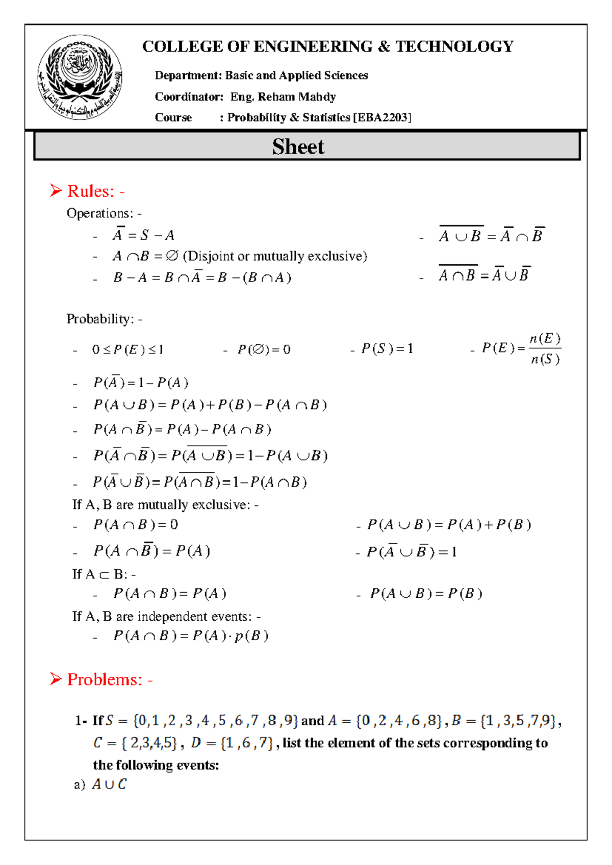 Probability Statistics Sheet - Basic and Applied Sciences - Studocu
