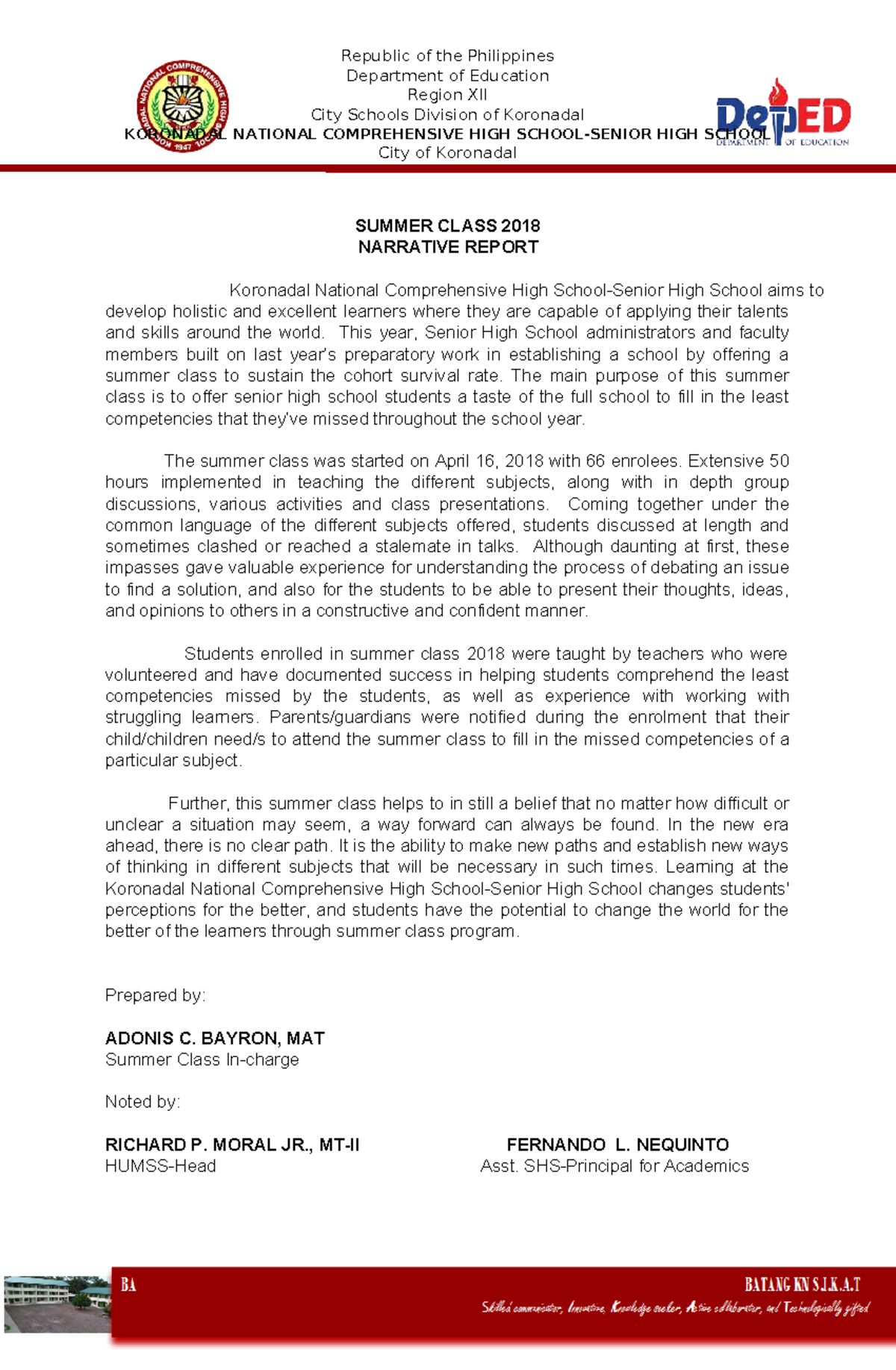 KORONADAL NATIONAL COMPREHENSIVE HIGH SCHOOL Summer Class 2018 ...