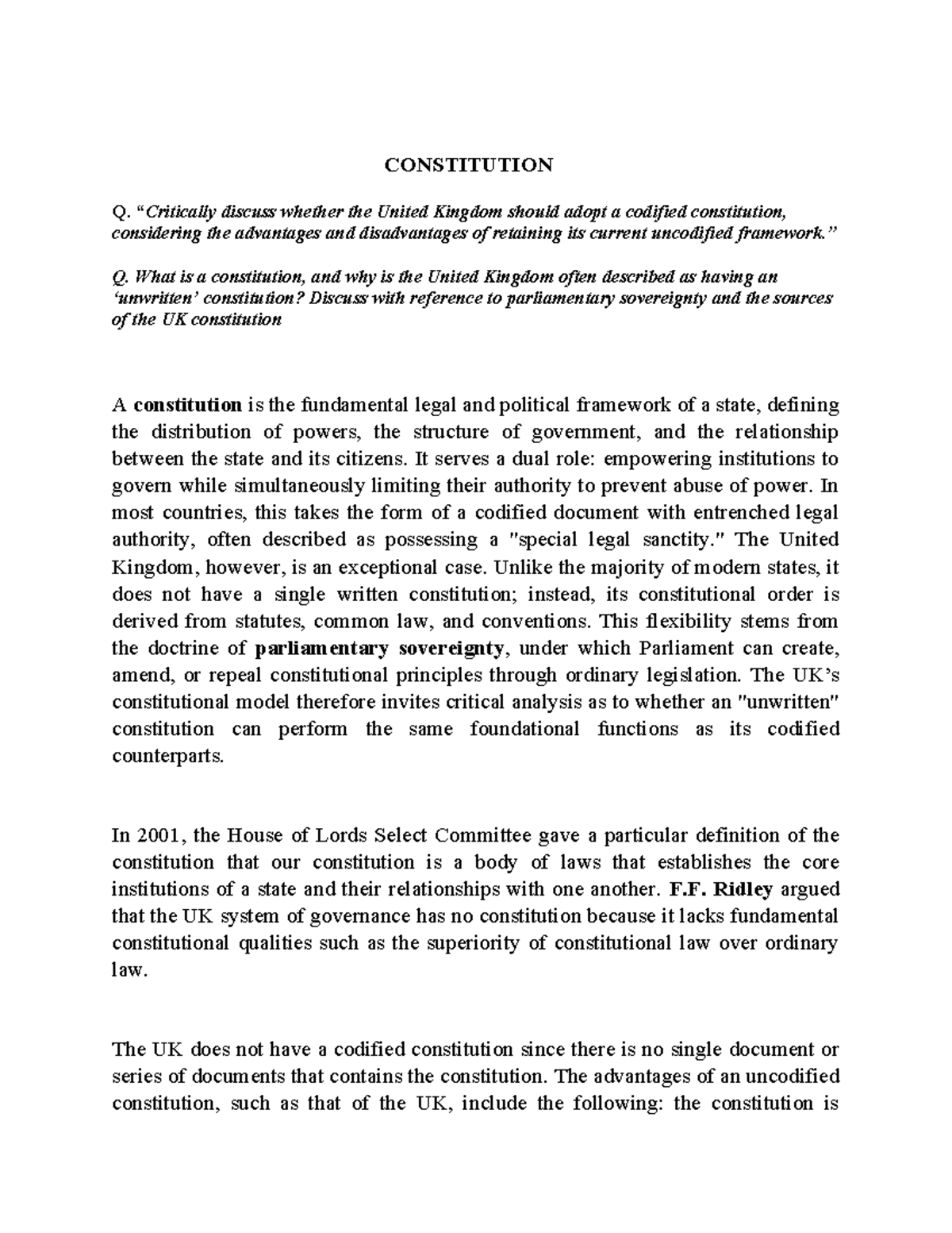 Constitution Essay: Should the UK Adopt a Codified Constitution? - Studocu