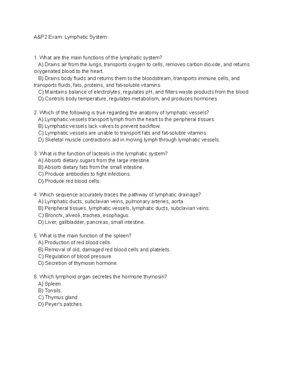 Lymphatic System Quiz Notes: Key Functions & Anatomy - Studocu