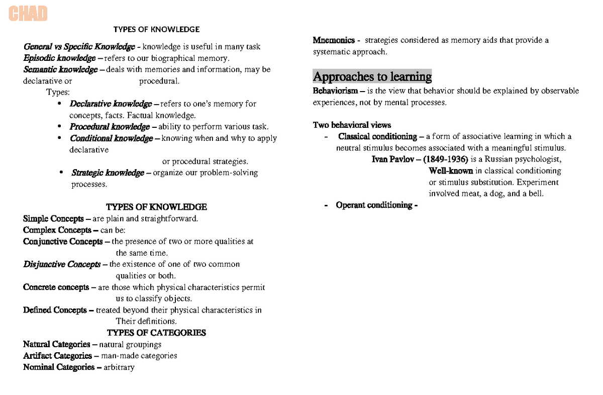 Types of Knowledge - Class Notes (CHAD) - Studocu