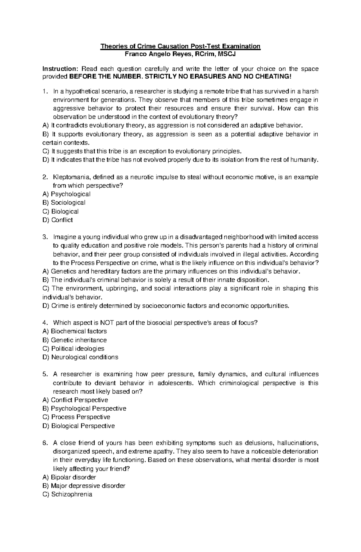 Theories of Crime Causation - Post-Test Exam Guide (RCrim 101) - Studocu