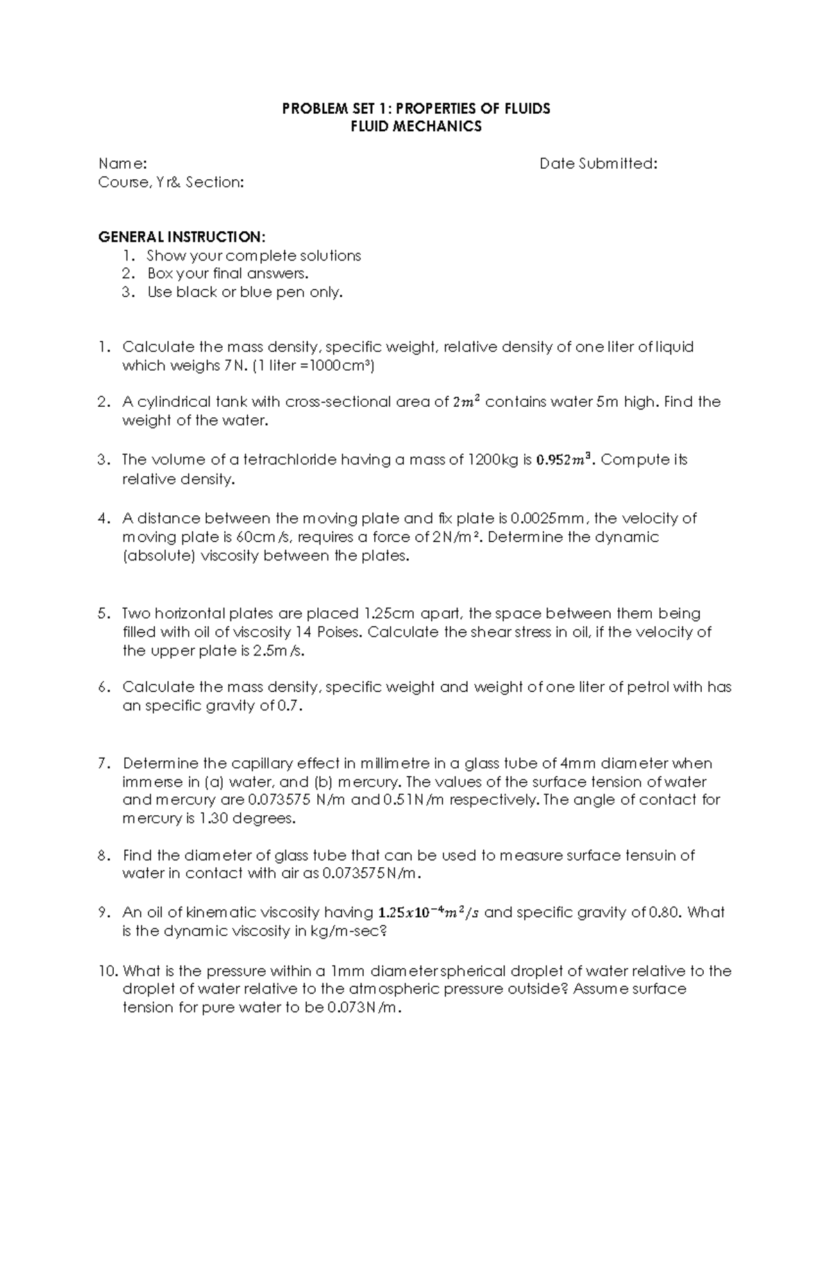 Problem Set 1: Properties of Fluids (Fluid Mechanics) - DETAILED ...