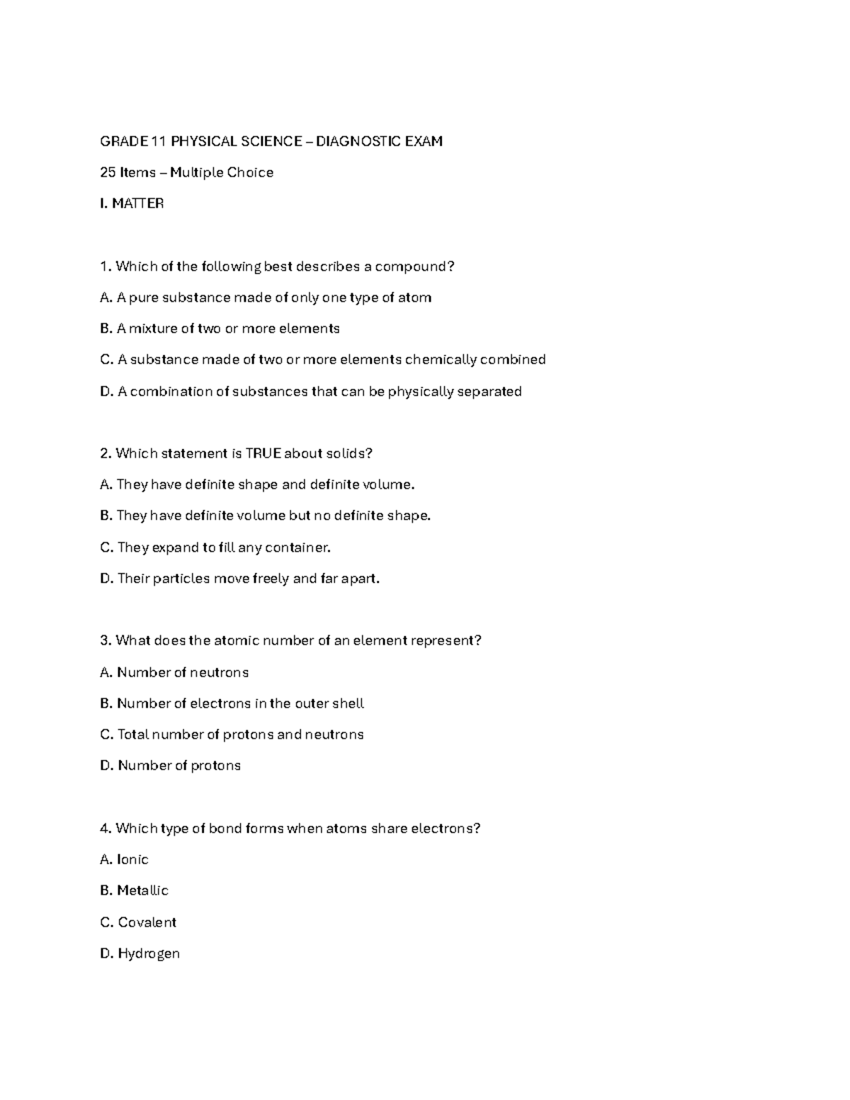 GRADE 11 PHYSICAL SCIENCE DIAGNOSTIC EXAM: 25 MCQs on Matter & Energy ...