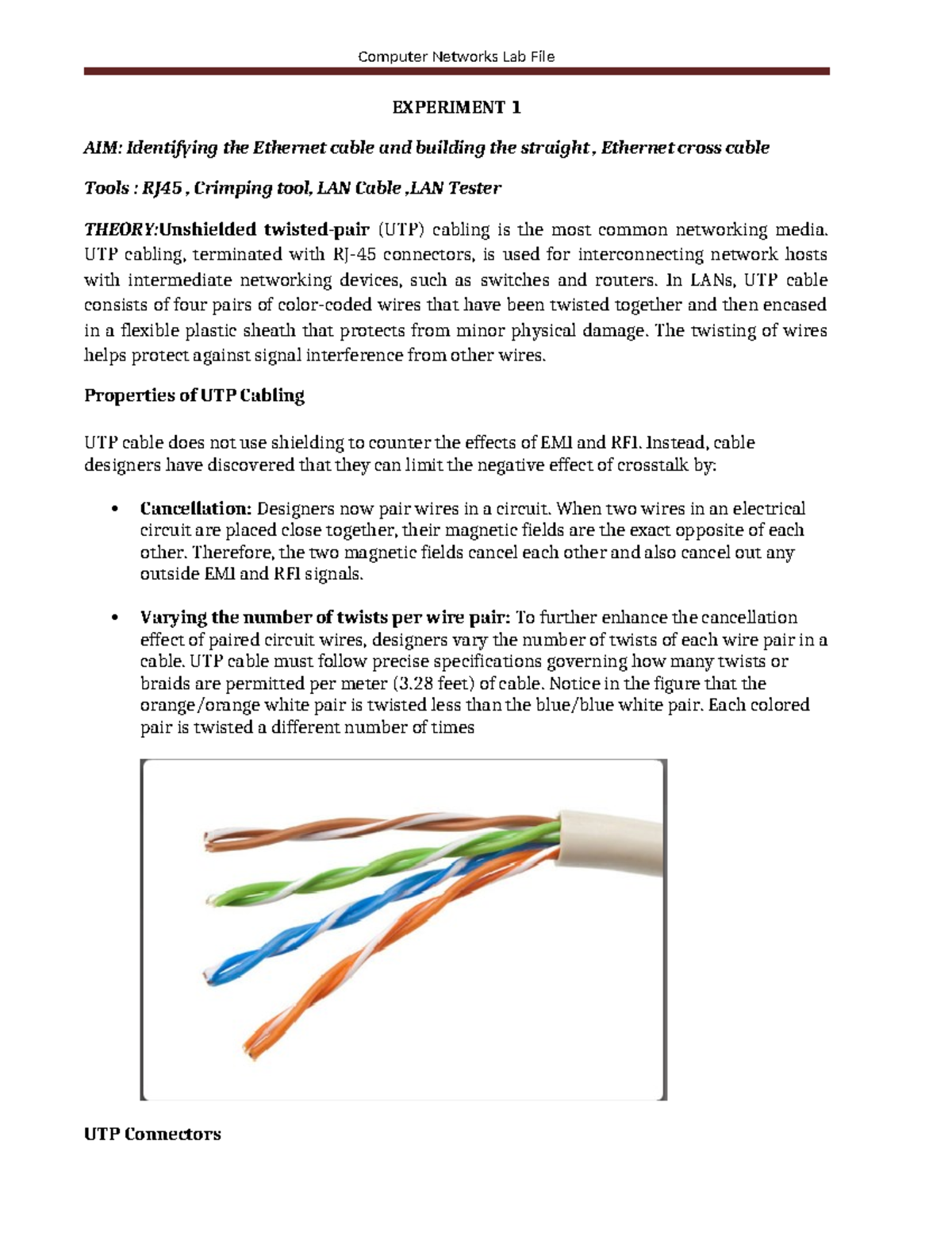 Computer Networks Lab File: Ethernet Cable Identification & Network Devices - Studocu