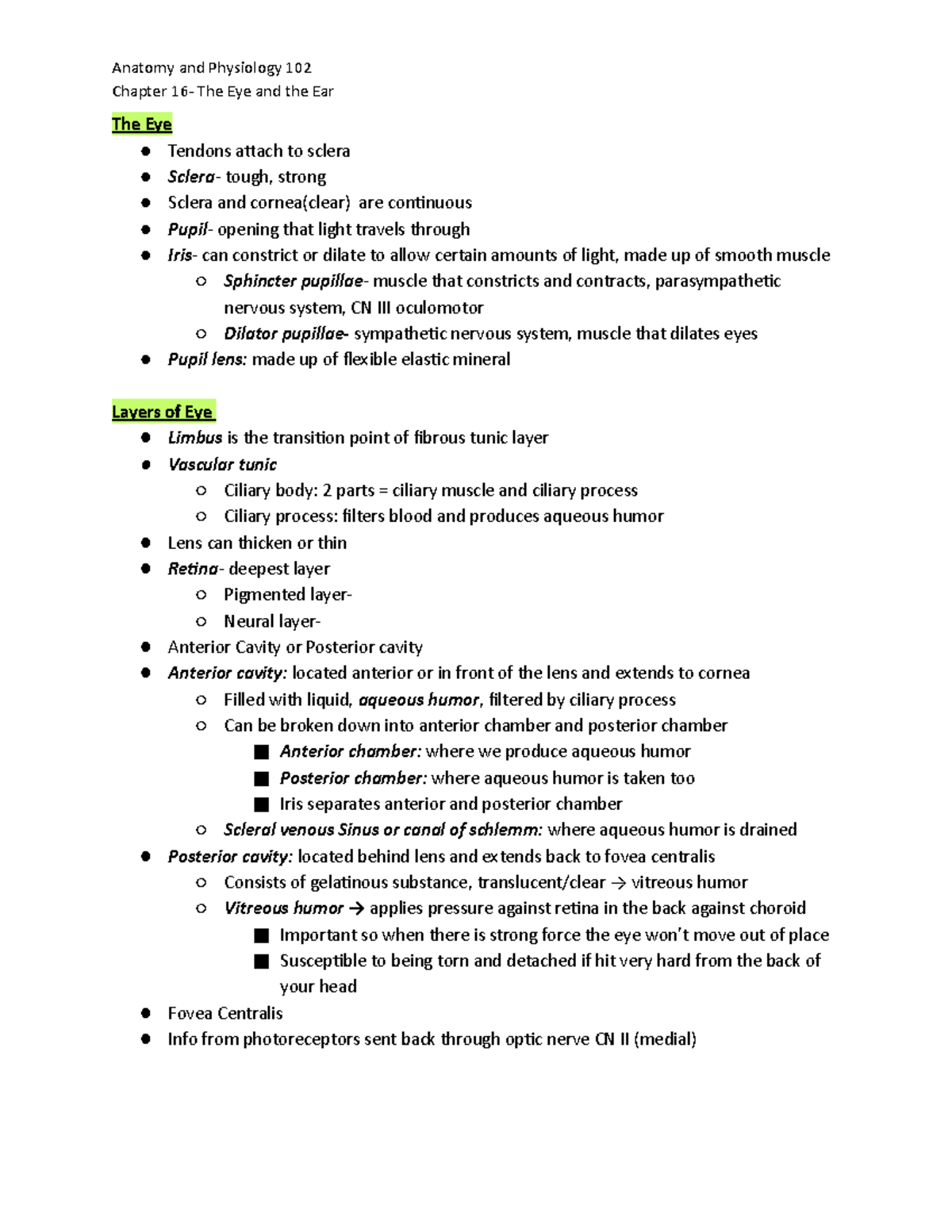 Anatomy and Physiology 102 Final Exam Chapter 16 Eye and Ear Notes ...