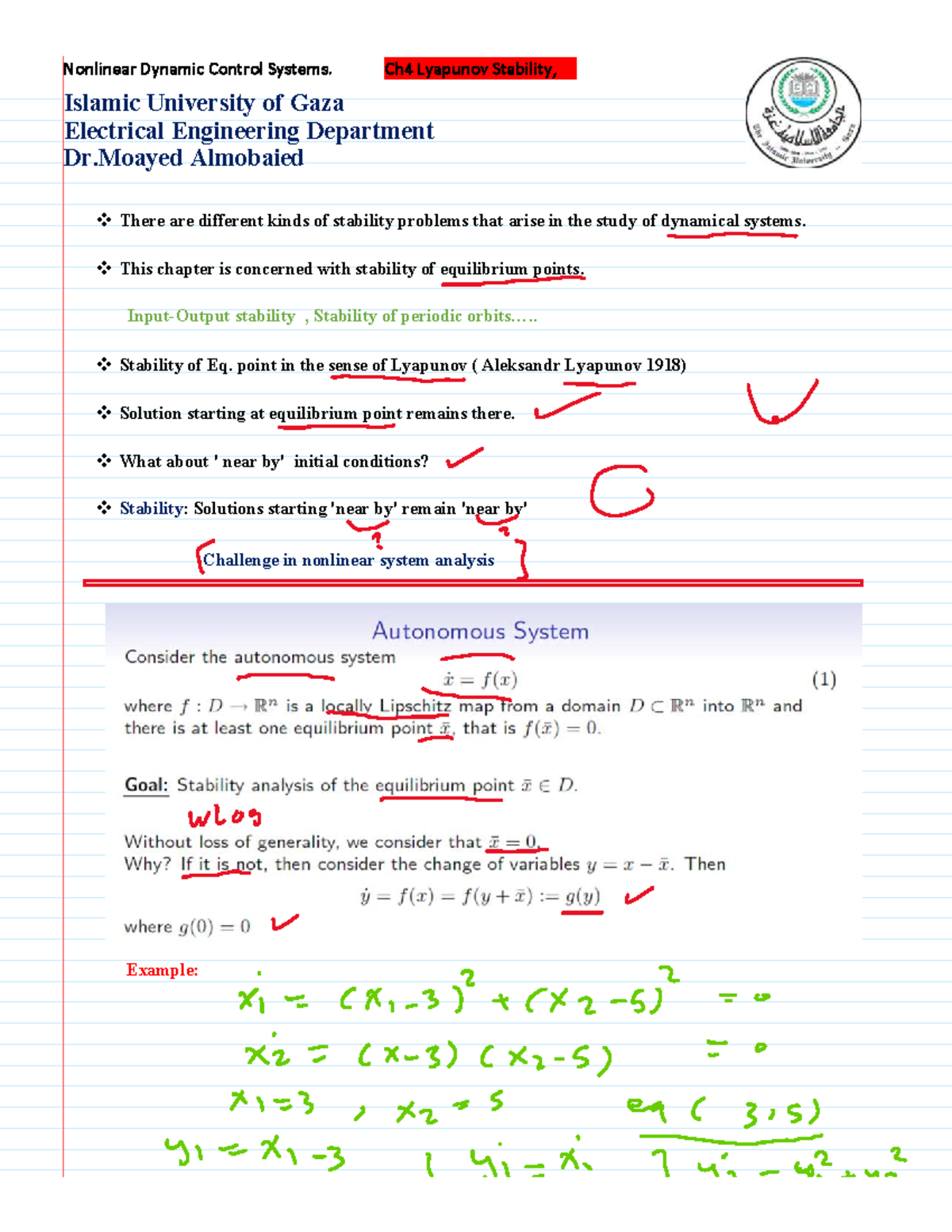 Nonlinear Dynamic Control Systems: Ch4 Lyapunov Stability (EE 3slamic ...