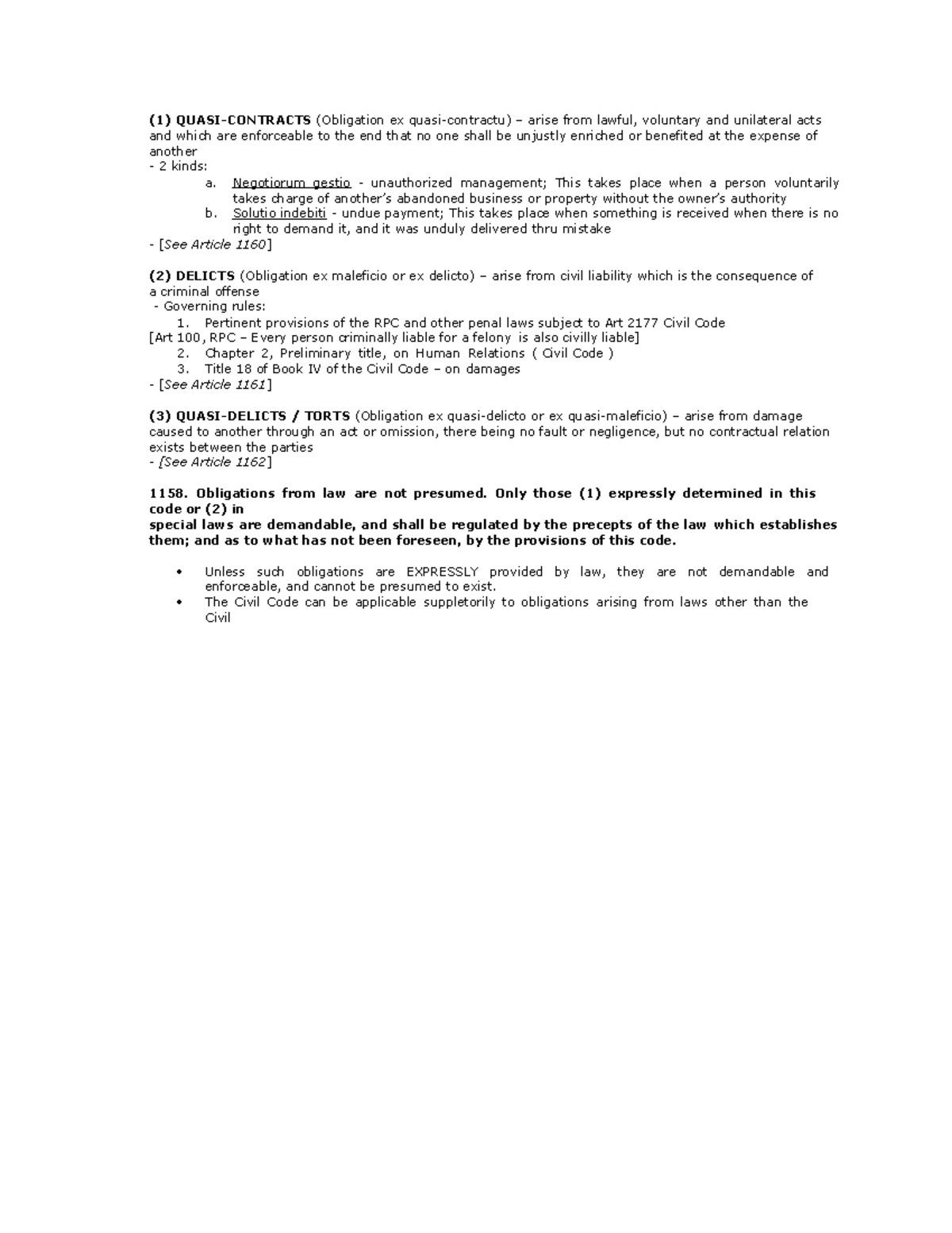 Notes - (1) QUASI-CONTRACTS (Obligation ex quasi-contractu) – arise ...