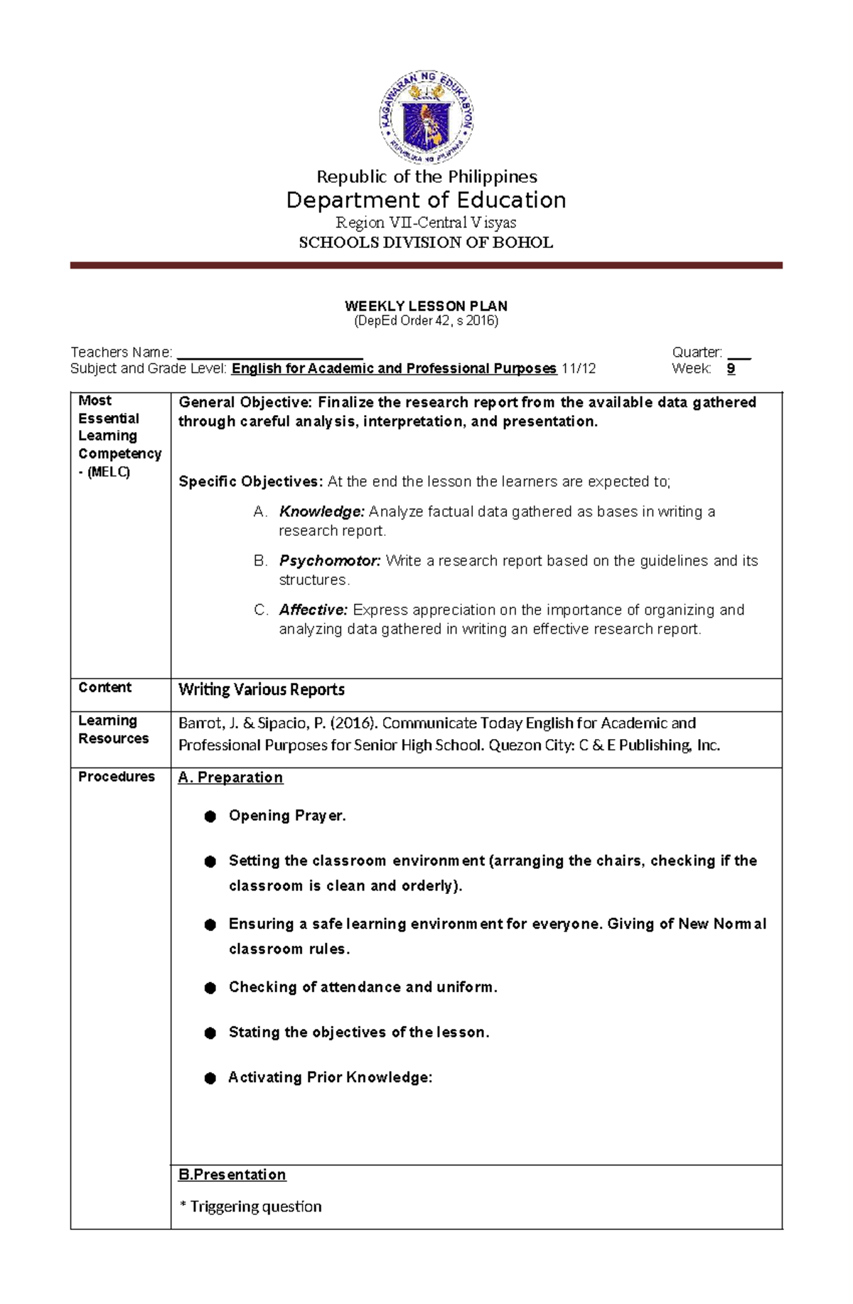 Bohol SHS EAPP Q2 WK9 - Weekly Lesson Plan on Research Report Writing ...