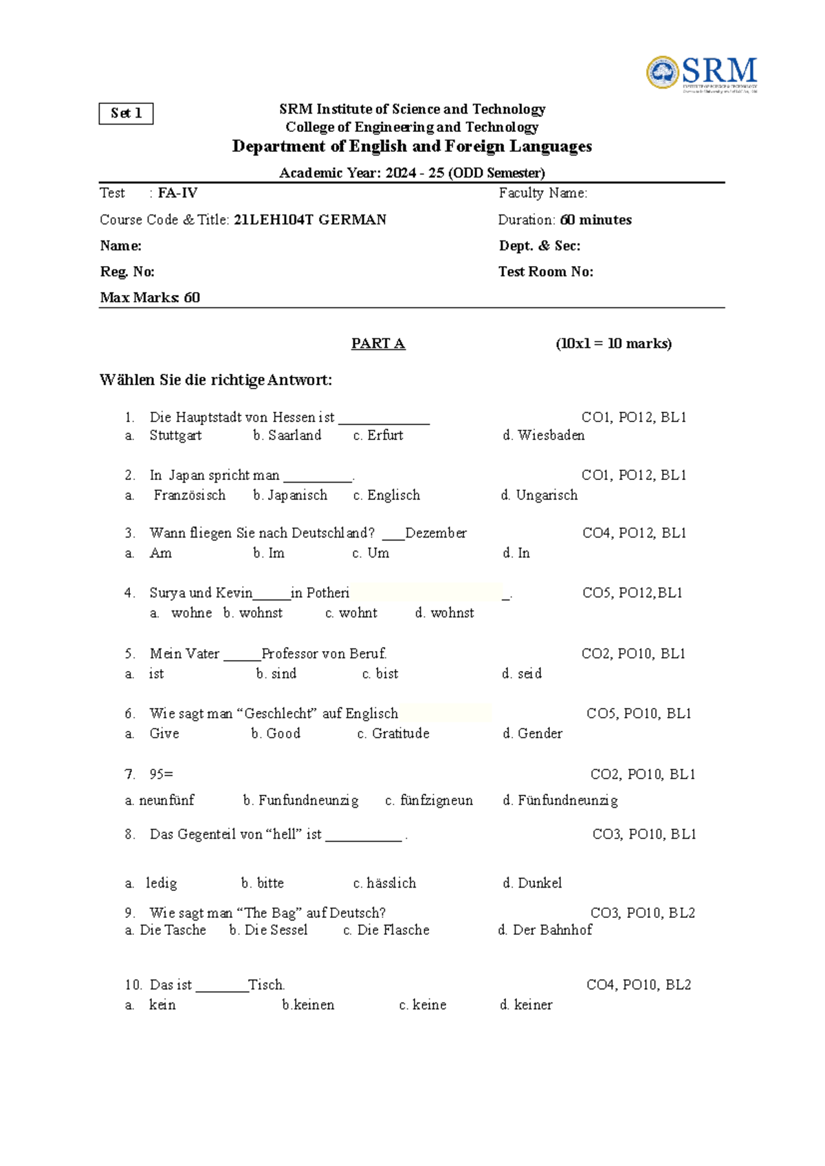 PRAC-FT4 Q 24-25 ODD - This is german notes - SRM Institute of Science ...
