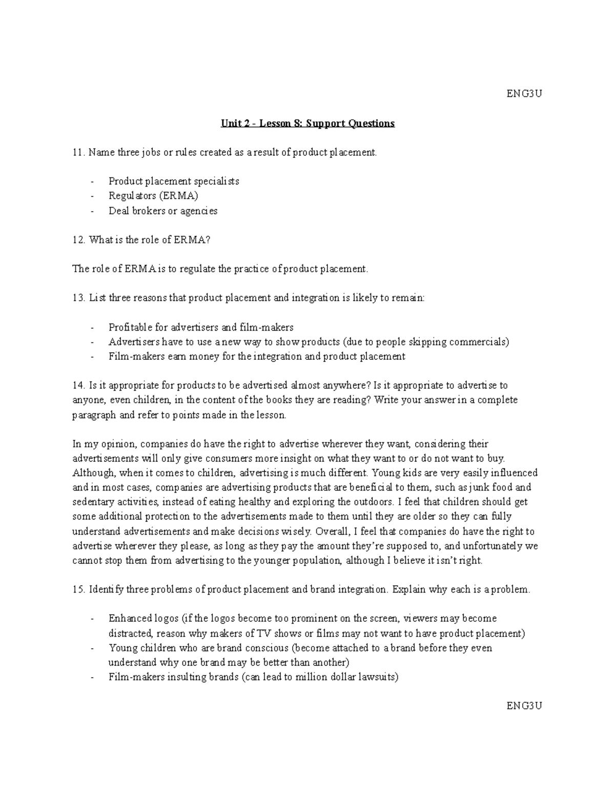 Lesson 8 - ENG3U - ENG3U Unit 2 - Lesson 8: Support Questions 11. Name ...
