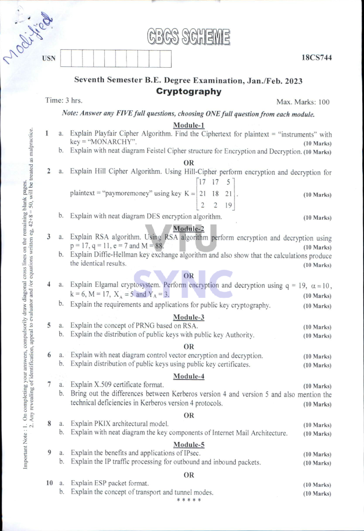 SCH 18CS744 Cryptography Exam Guide - 7th Sem B.E. 2023 - Studocu