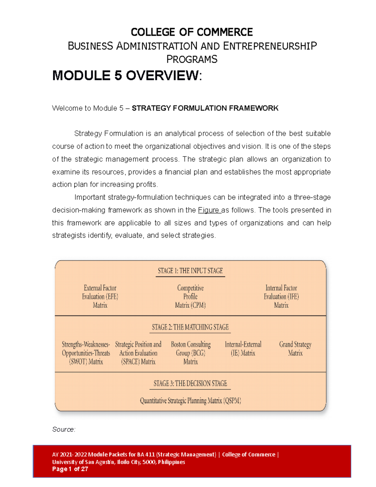 MODULE 5 OVERVIEW: Welcome to Module 5 – STRATEGY FORMULATION FRAMEWORK ...
