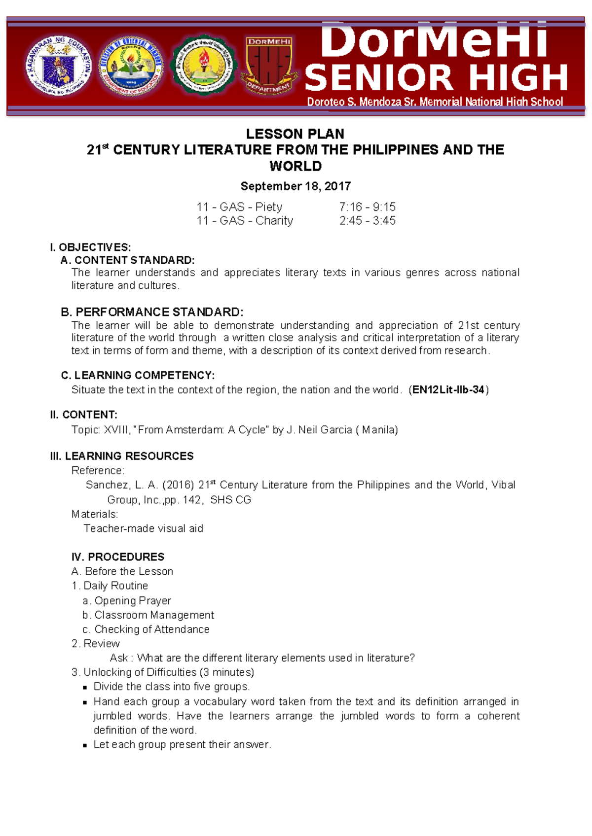 11 GAS Lesson Plan: 21st Century Literature - Amsterdam Analysis - Studocu