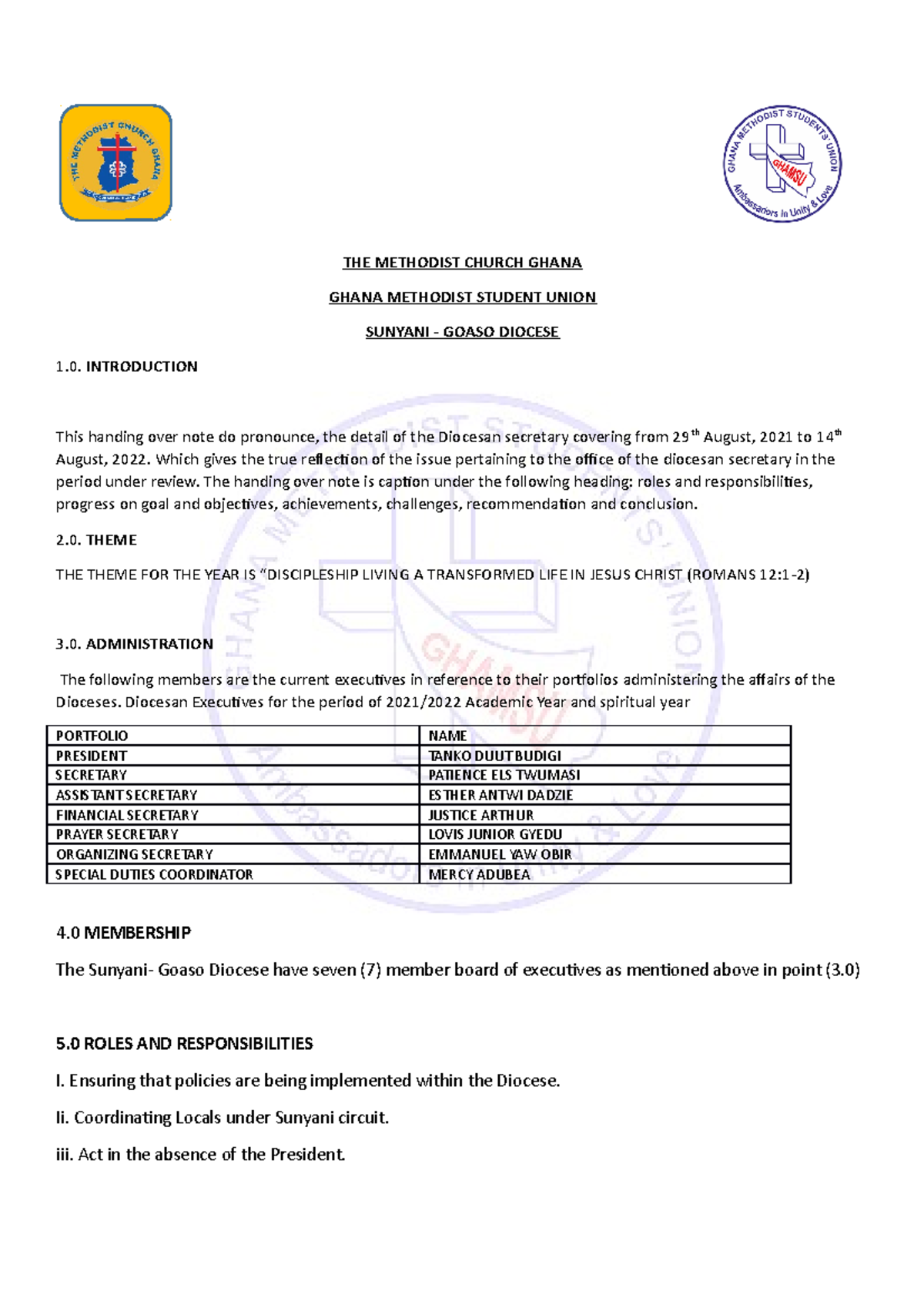 Handing Over Note: Diocesan Secretary Report 2021/2022 - Studocu