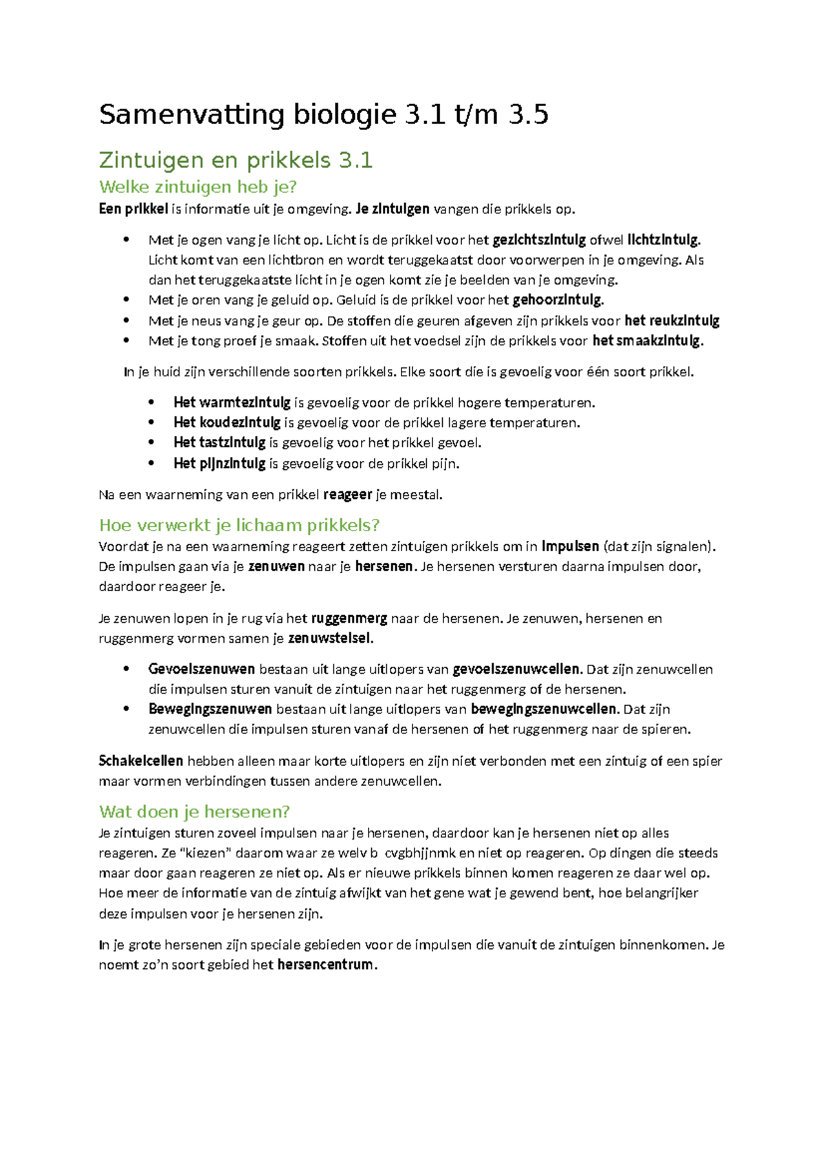 Samenvatting Biologie 3.1 t/m 3.5: Zintuigen en Prikkels - Studeersnel