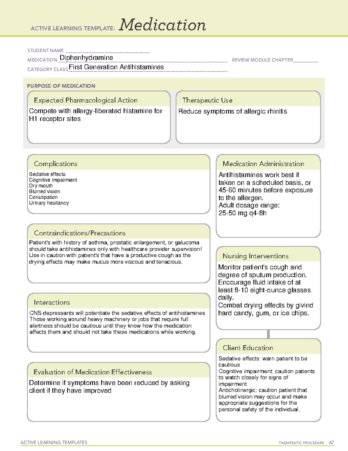 Active Learning Template: Diphenhydramine Medication Overview - Studocu