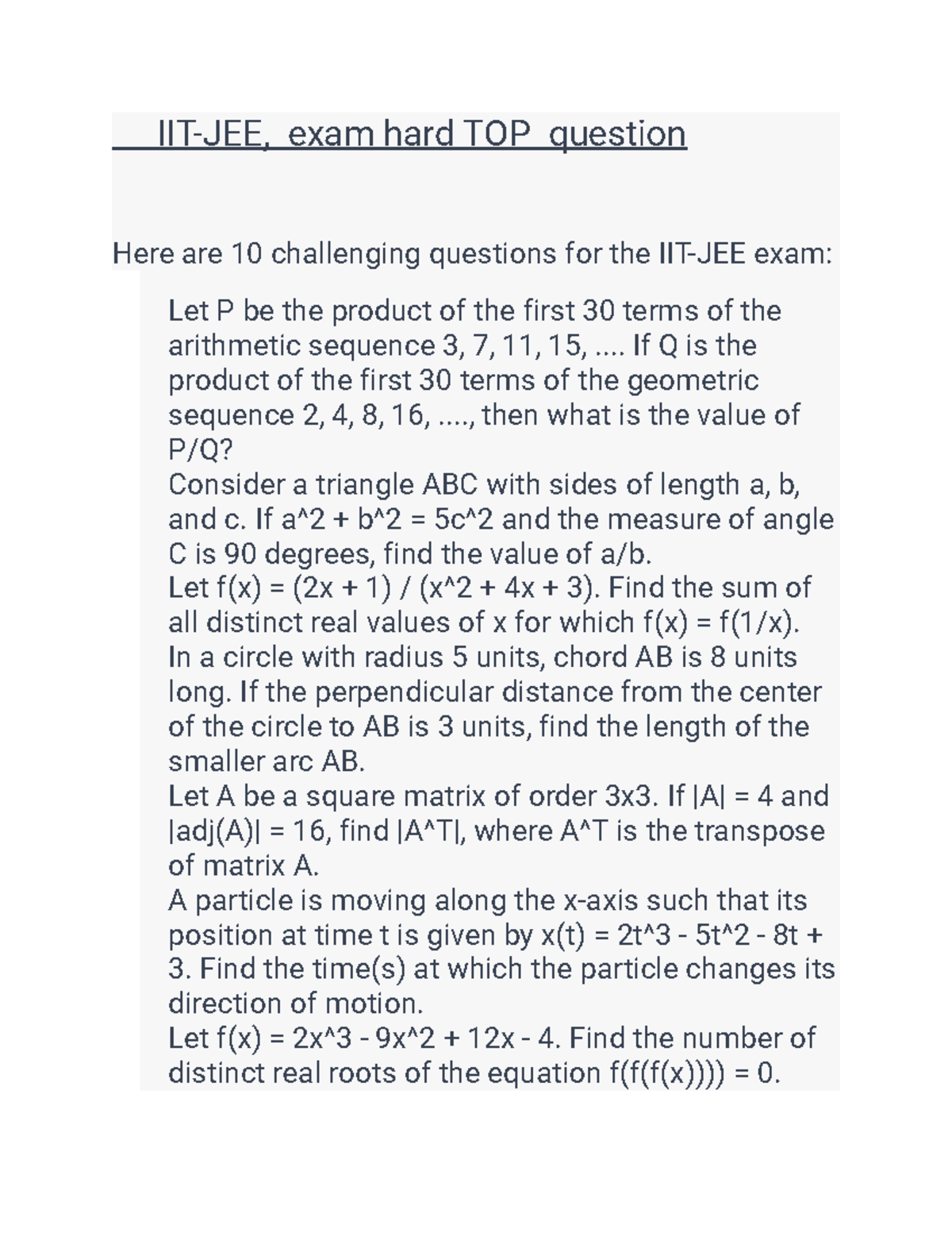 IIT-JEE, exam hard TOP question - ... If Q is the product of the first 30 terms of the geometric ...