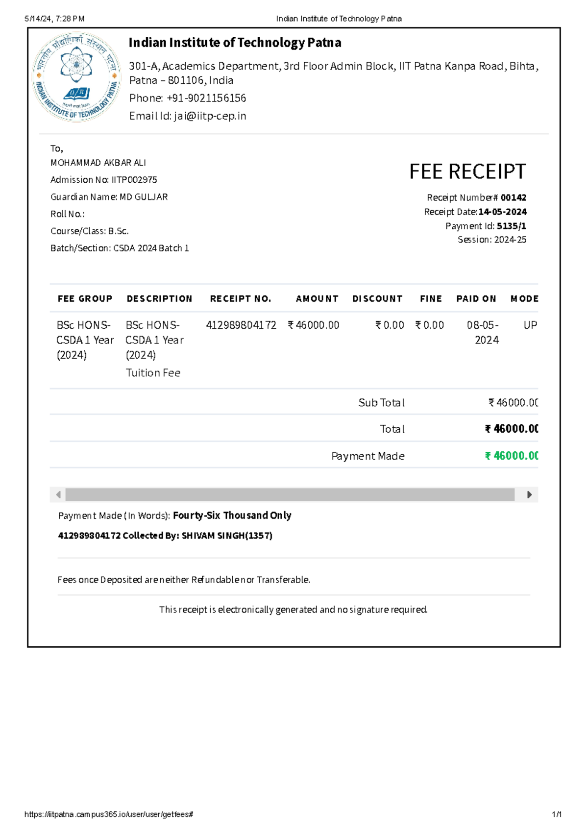 Indian Institute of Technology Patna payment reciept 1 - Indian ...