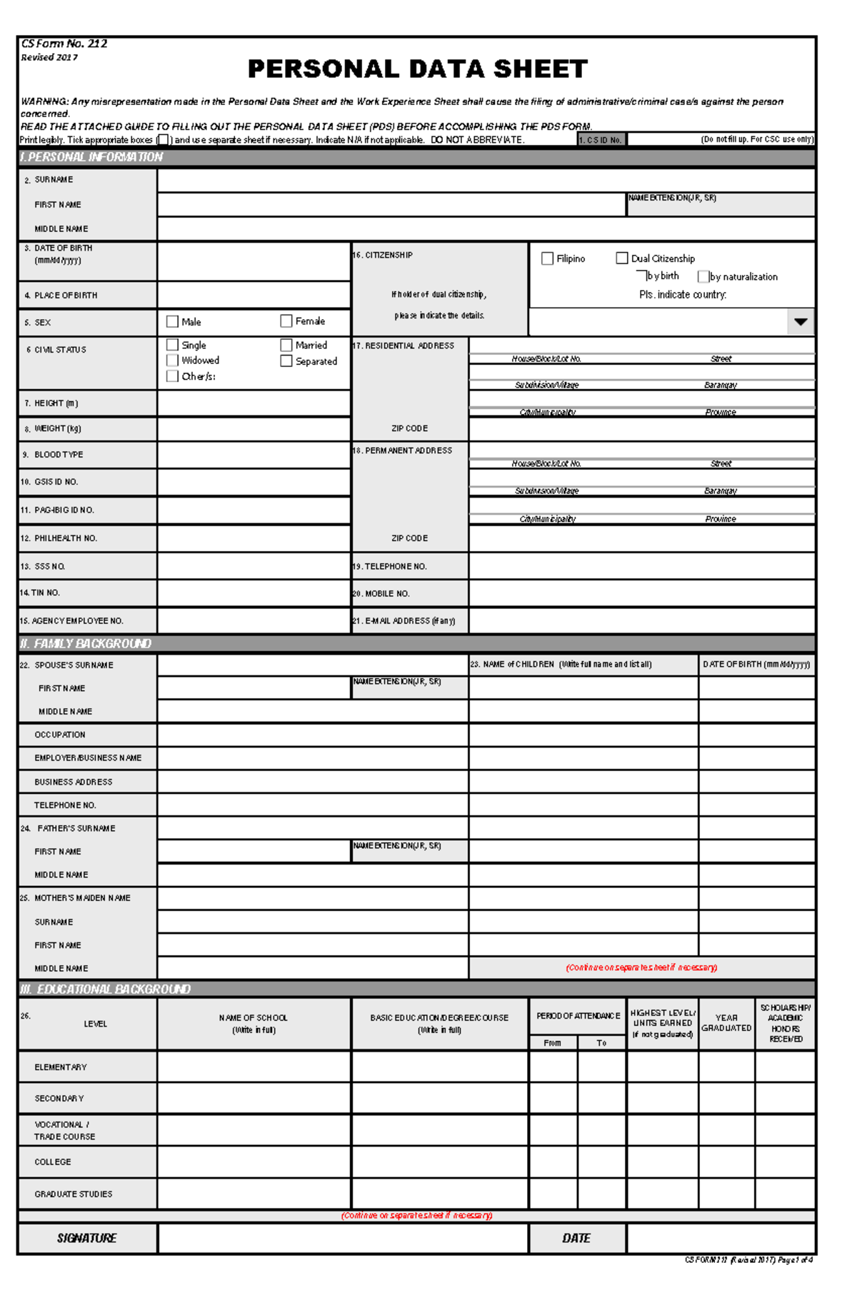 032117 CS Form No. 212 - Personal Data Sheet Instructions - Studocu