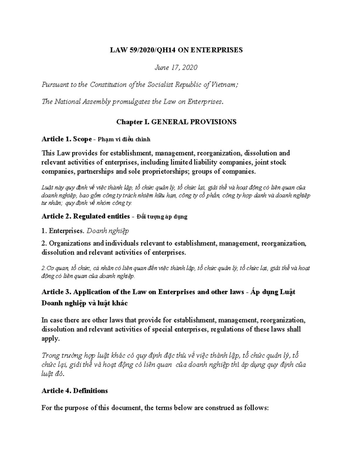 LAW ON ENTERPRISES (Revised) - Key Provisions and Articles - Studocu
