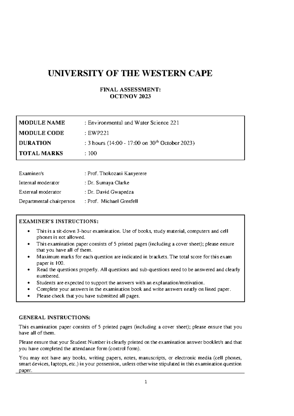 EWP221 Final Assessment: Environmental and Water Science 2023 - Studocu