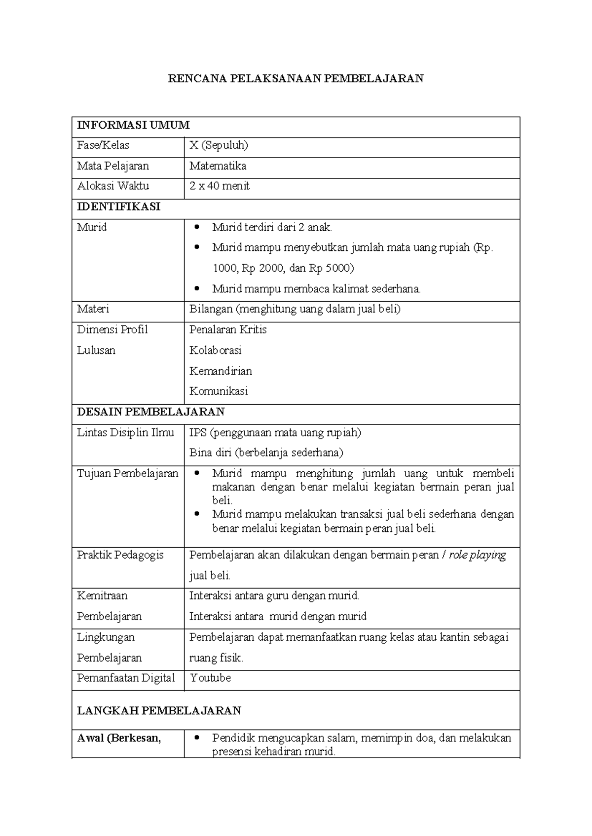 Modul Ajar SLB: Rencana Pembelajaran Matematika Kelas X - Studocu