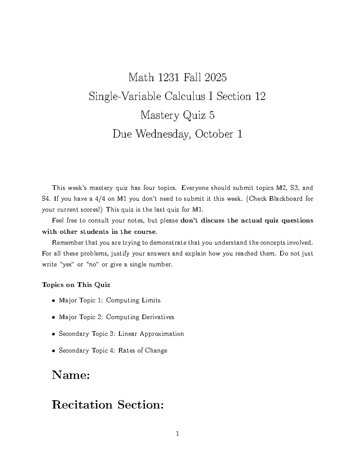 Math 1231 Fall 2025 Calculus I Section 12 Mastery Quiz 5 Details - Studocu