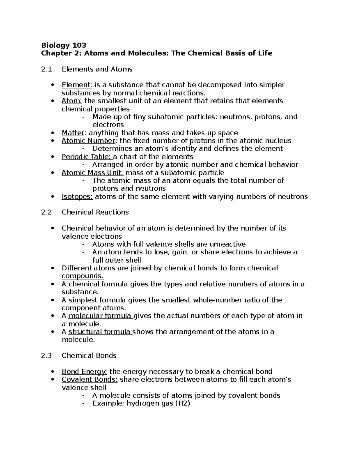 Chapter 2 Notes: Atoms & Molecules (Biology 103) - Studocu