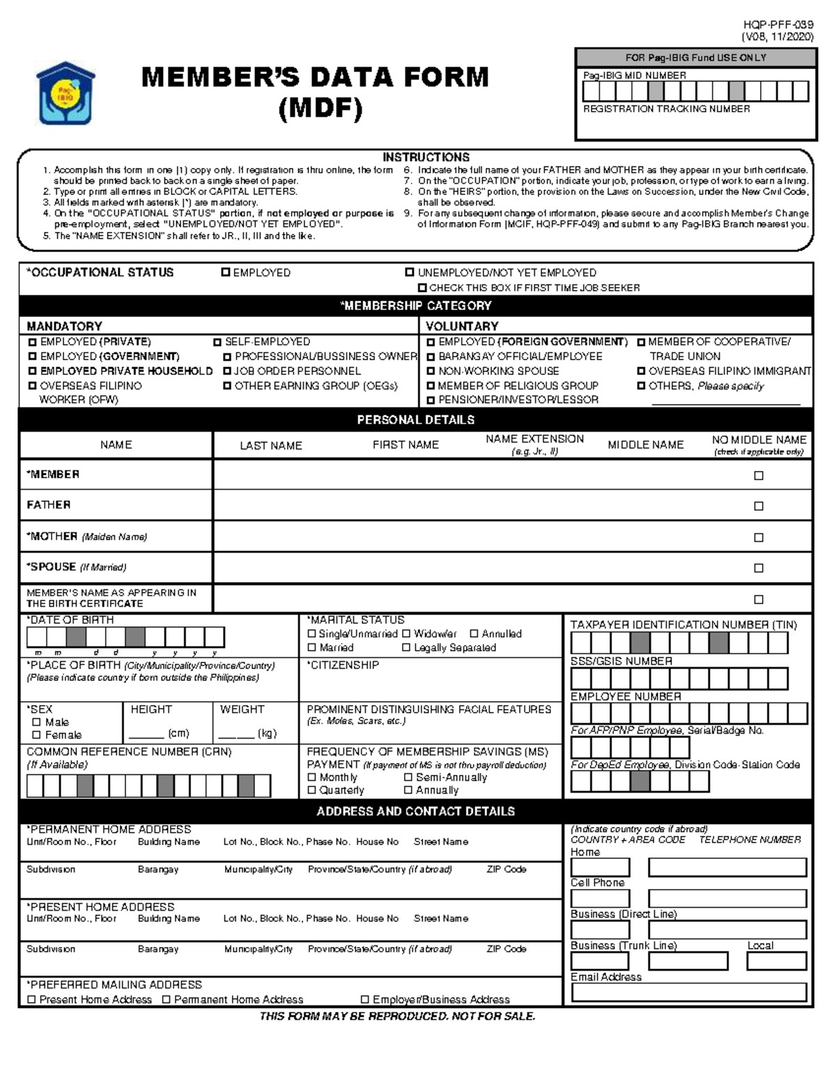 Pag-IBIG PFF039 Member's Data Form Instructions and Details V08 - Studocu