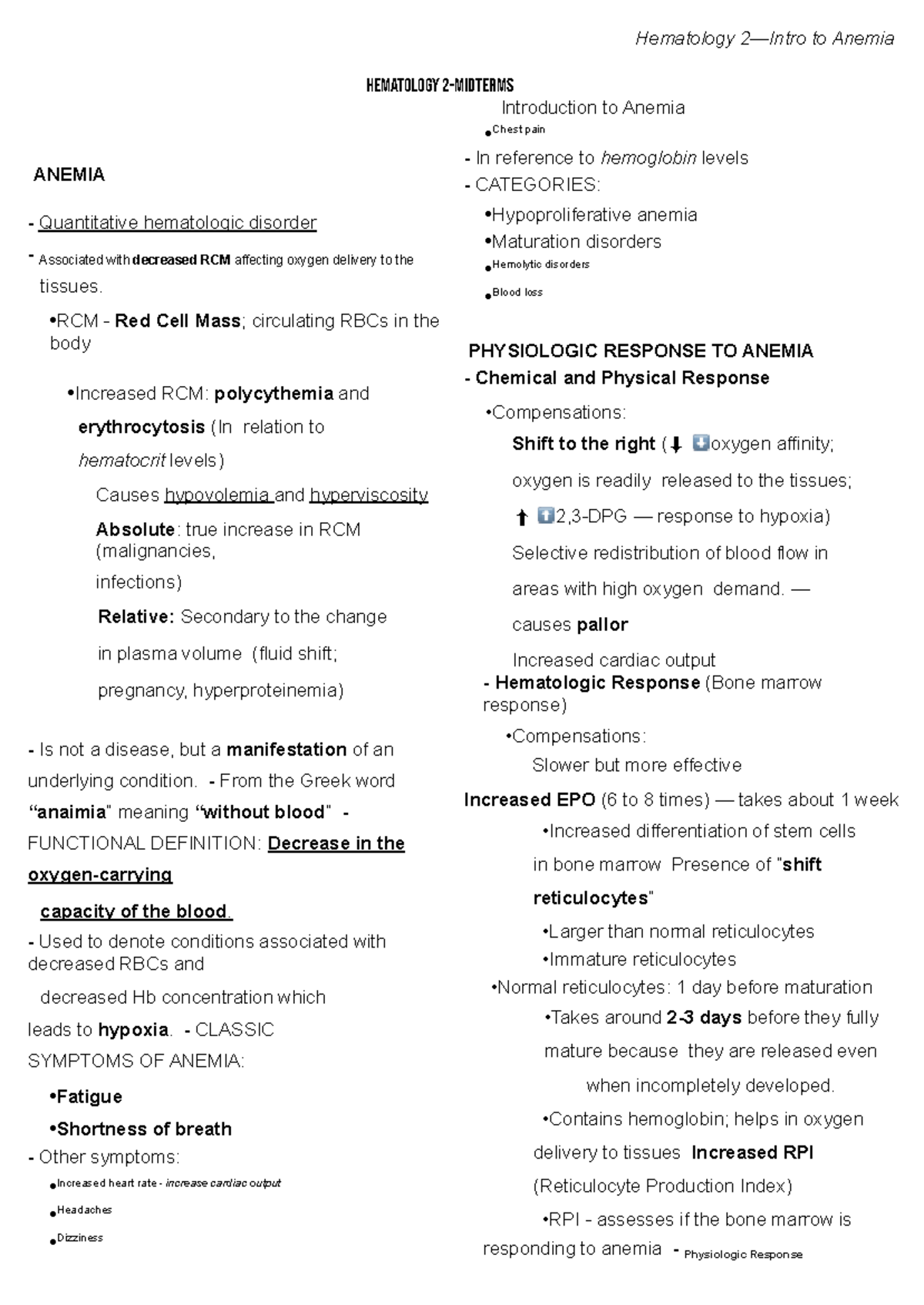 Hematology 2 - Midterm Review: Introduction to Anemia Essentials - Studocu