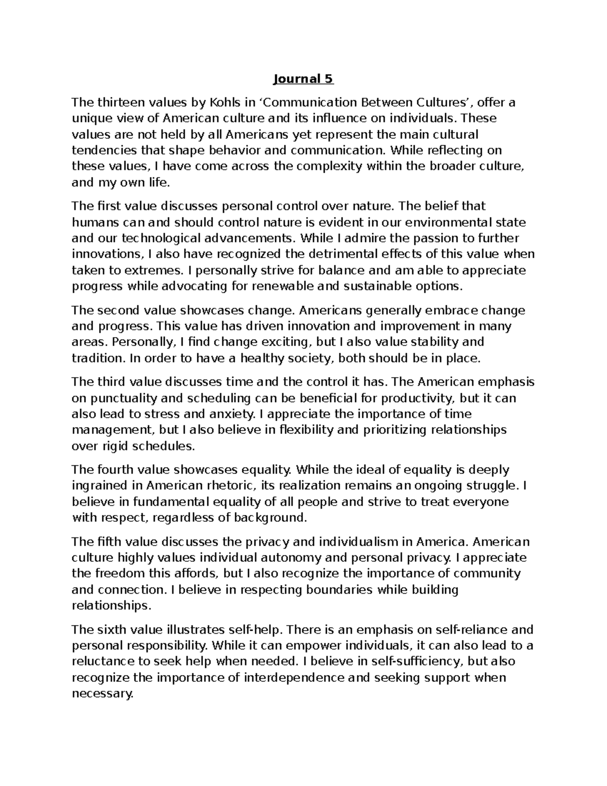 Journal 5: Exploring Kohls' Thirteen Values in American Culture - Studocu