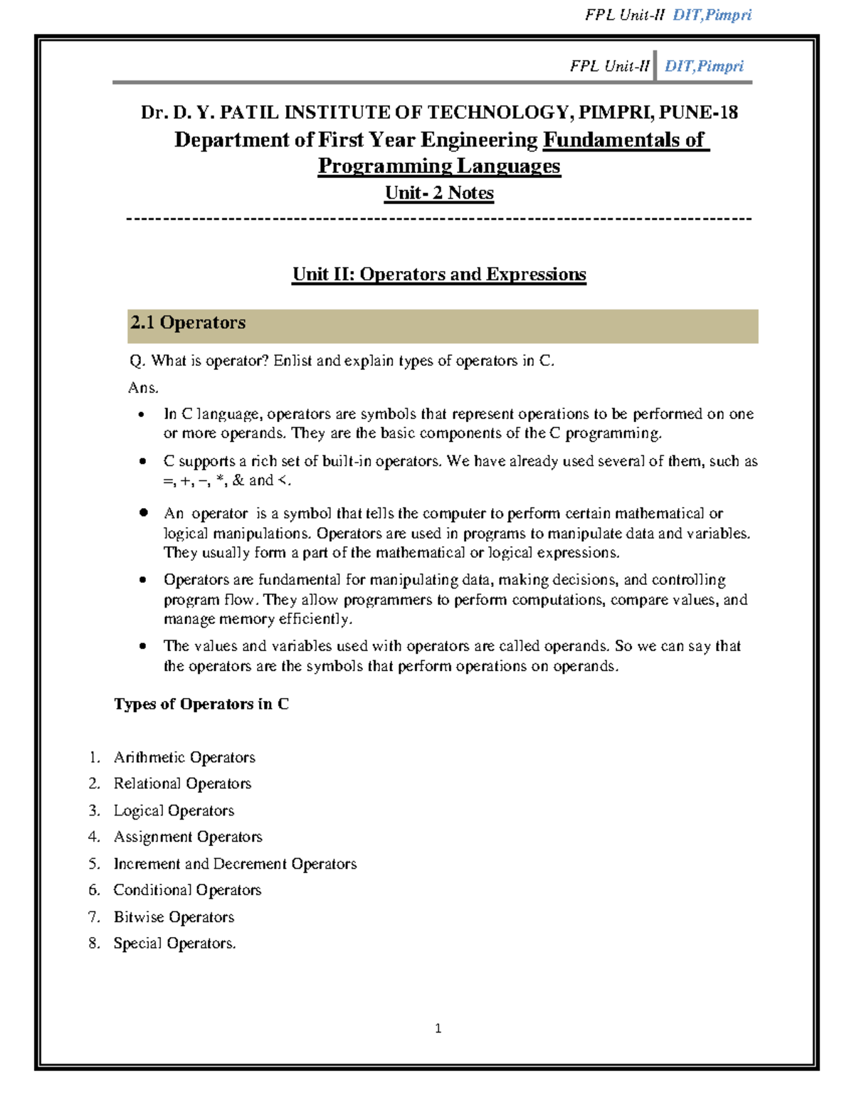 FPL DIT,Pimpri Unit 2: Operators and Expressions in C Programming - Studocu