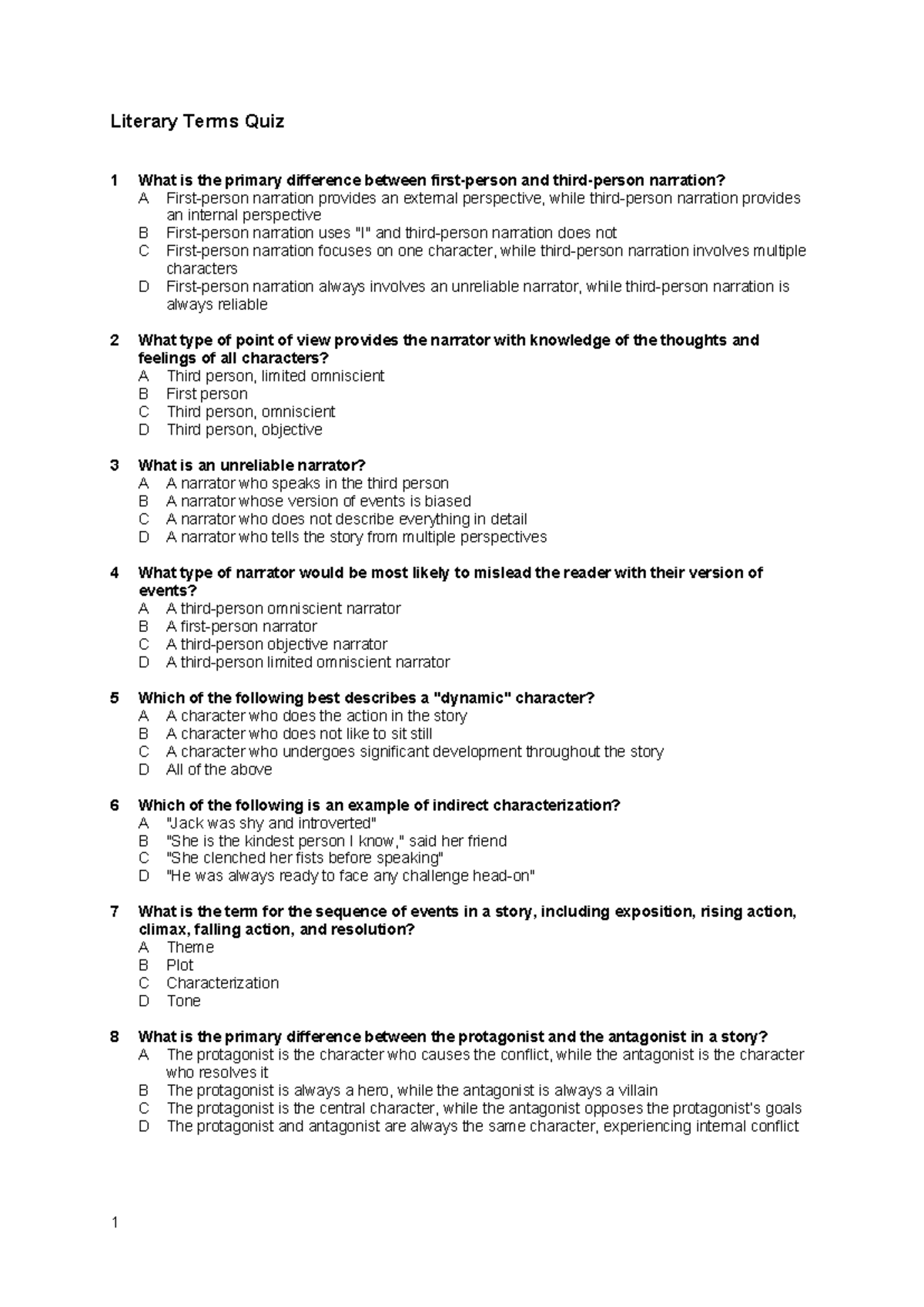 Literary Terms Quiz 1 - Key Concepts and Definitions - Studeersnel