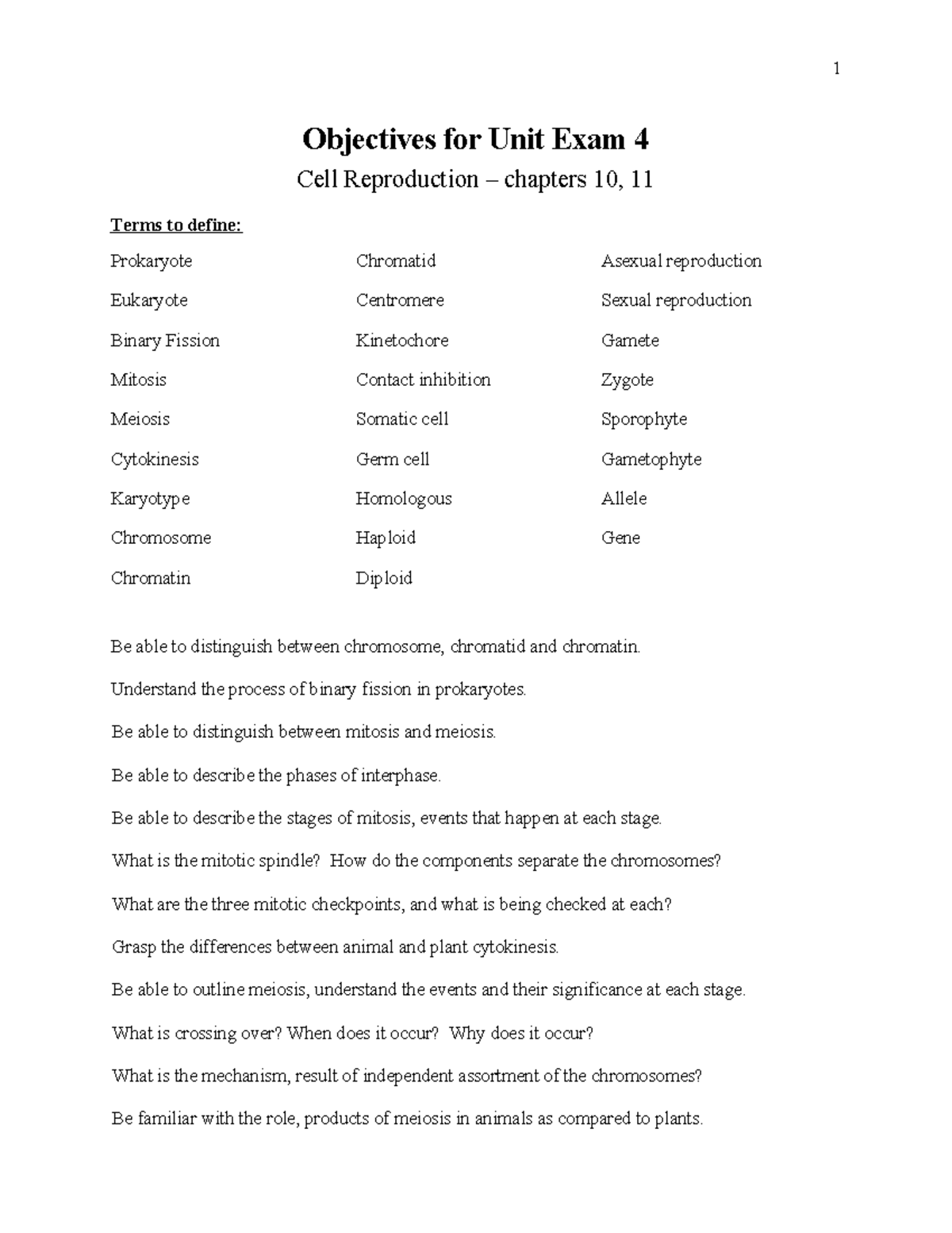 Unit Exam 4 Review: Cell Reproduction & Inheritance Concepts - Studocu