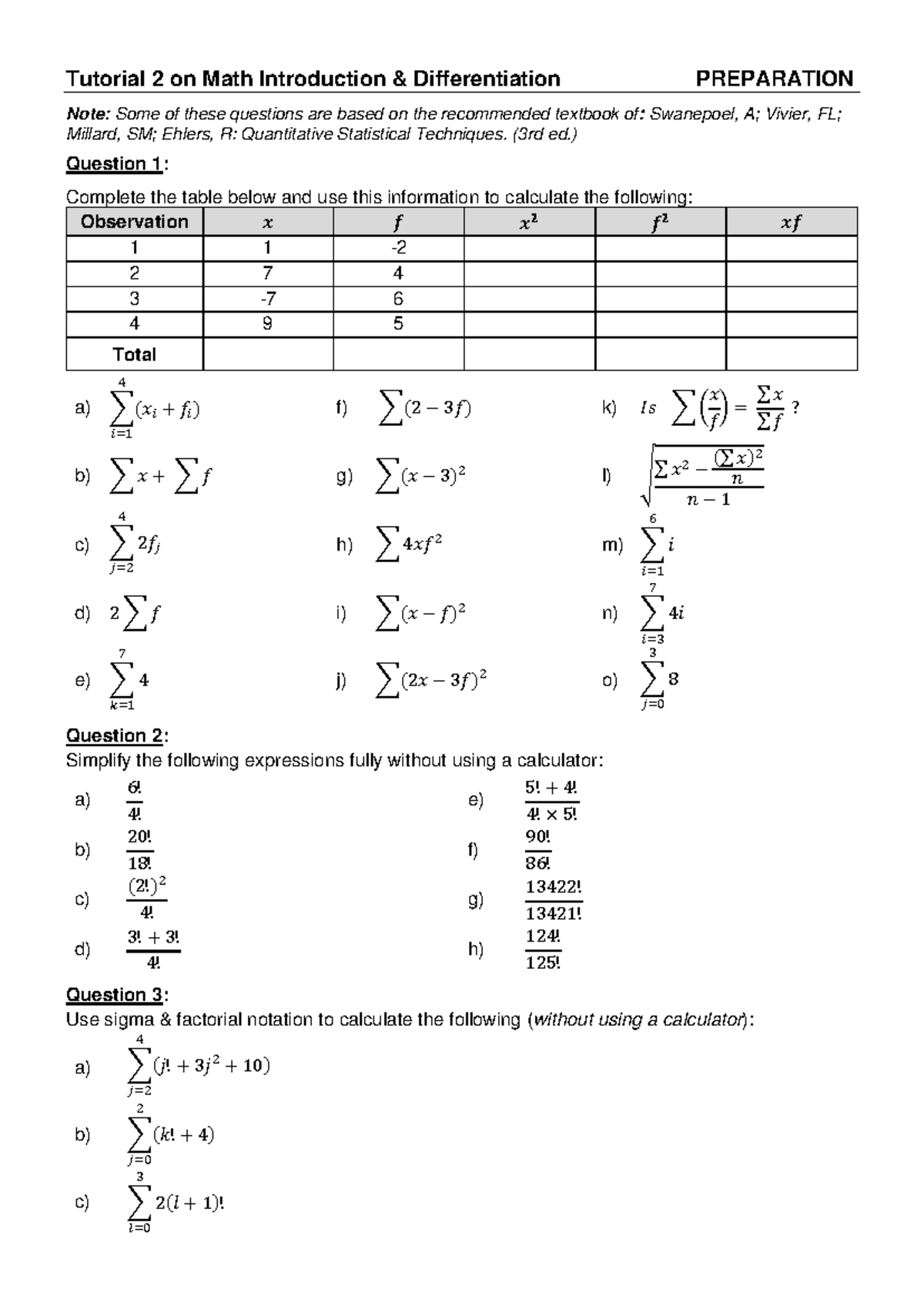 STK113 - Tutorial 2 Preparation Worksheet on Differentiation - Studocu