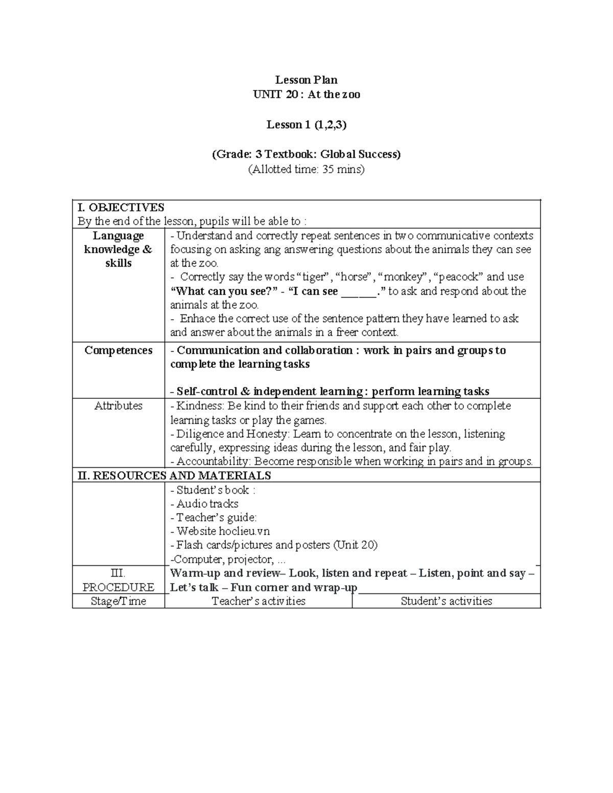 Lesson Plan UNIT 20: At the Zoo - Grade 3 (Global Success) - Studocu