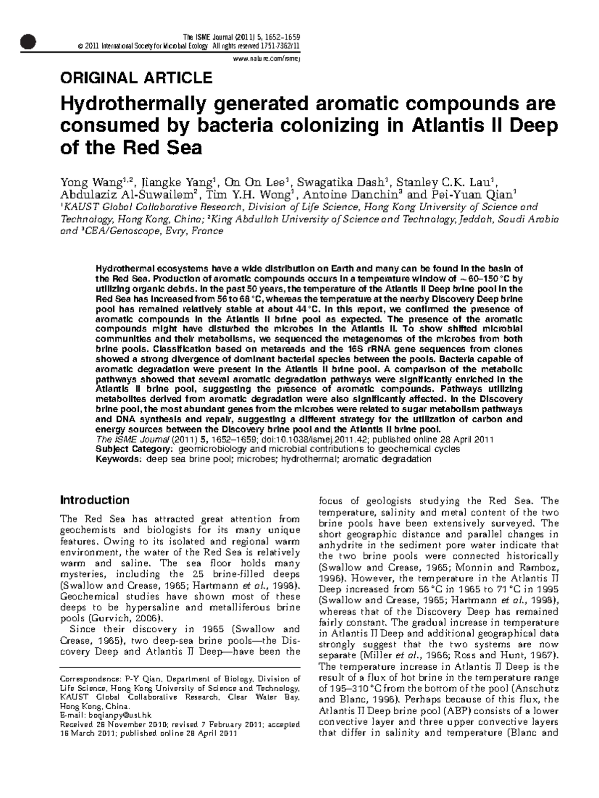 Microbial Community Shifts and Aromatic Compounds in Atlantis II Deep ...