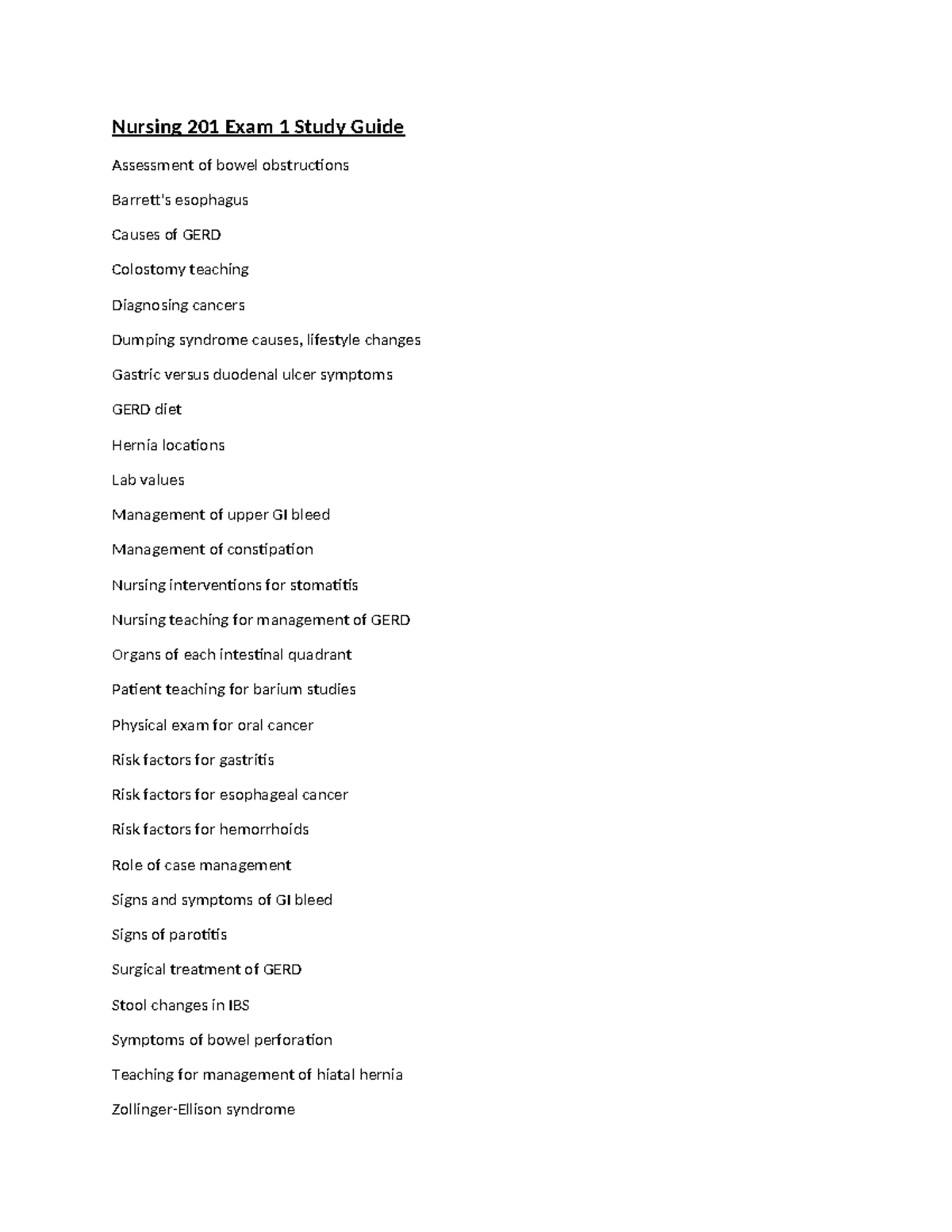 Nursing 201 Exam 1 Study Guide: GI Disorders & Management - Studocu