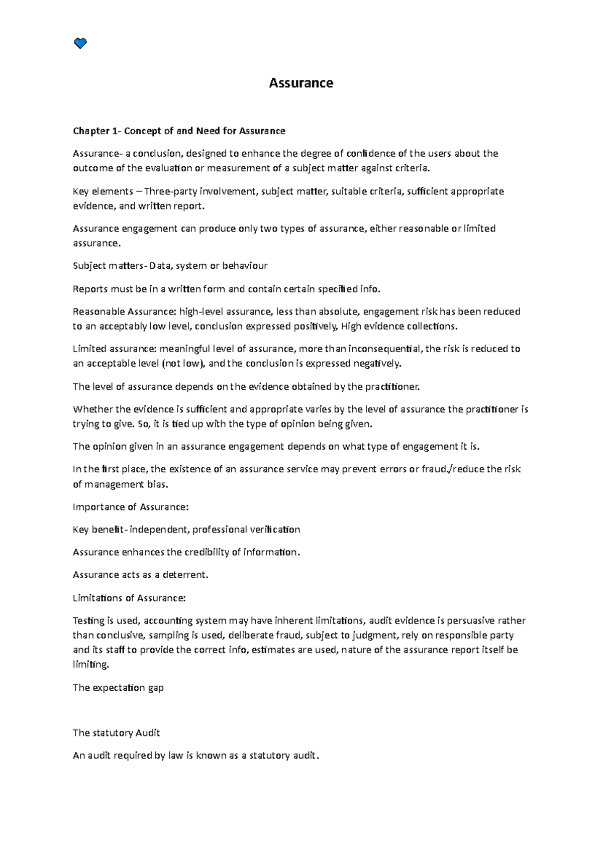 Assurance Chapter: Concept, Need, and Key Elements of Assurance - Studocu