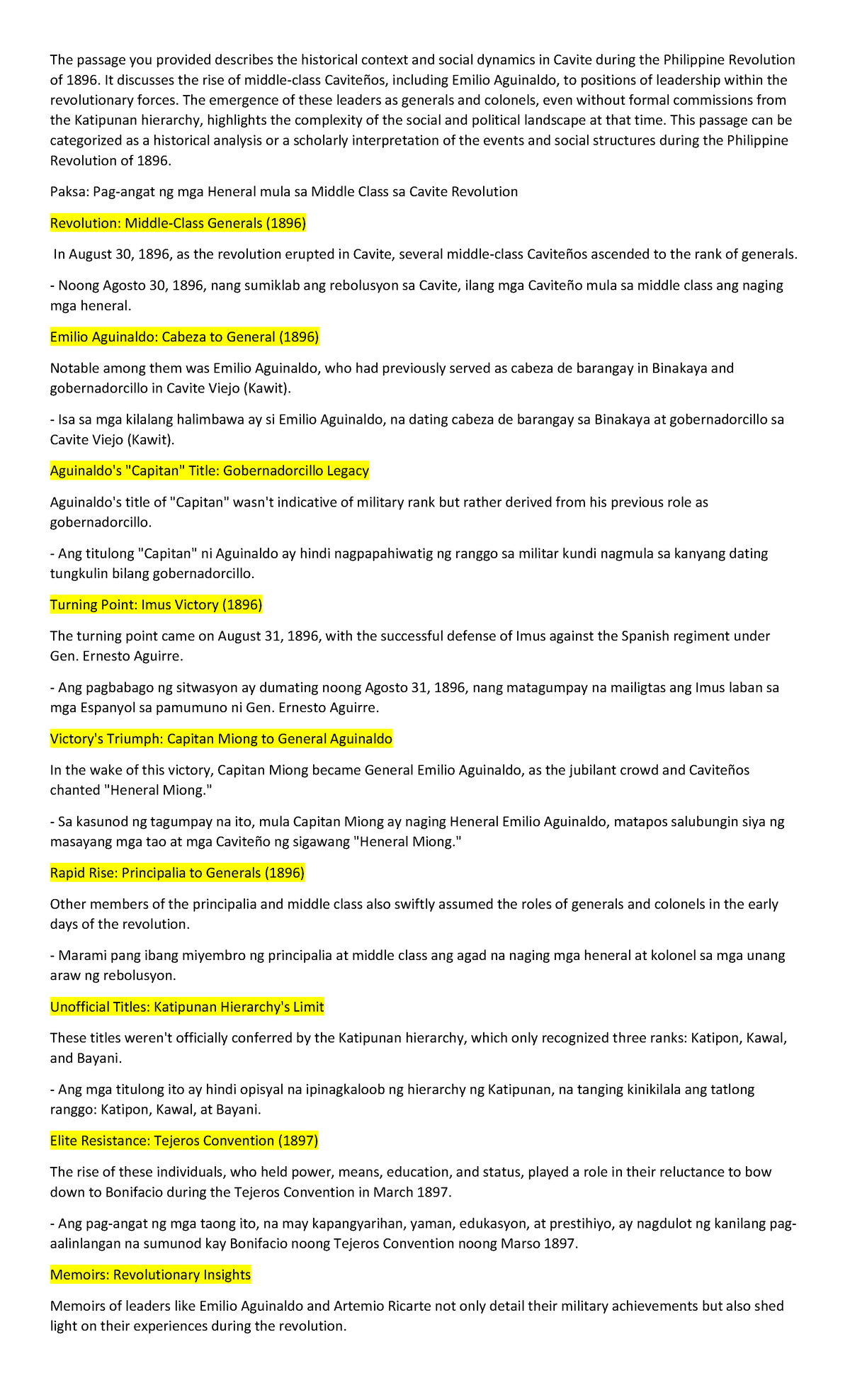 RPH Report: Middle-Class Generals of Cavite Revolution (1896) - Studocu