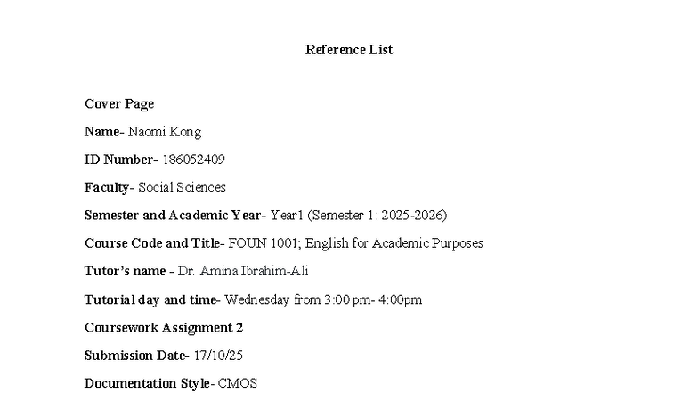 Reference List Cover Page for FOUN English for Academic Purposes - Studocu