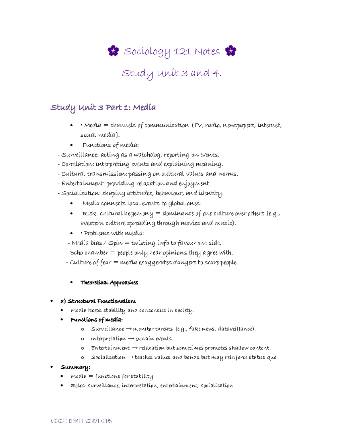 Sociology 121 Study Units 3 & 4: Media Functions and Work Theories ...