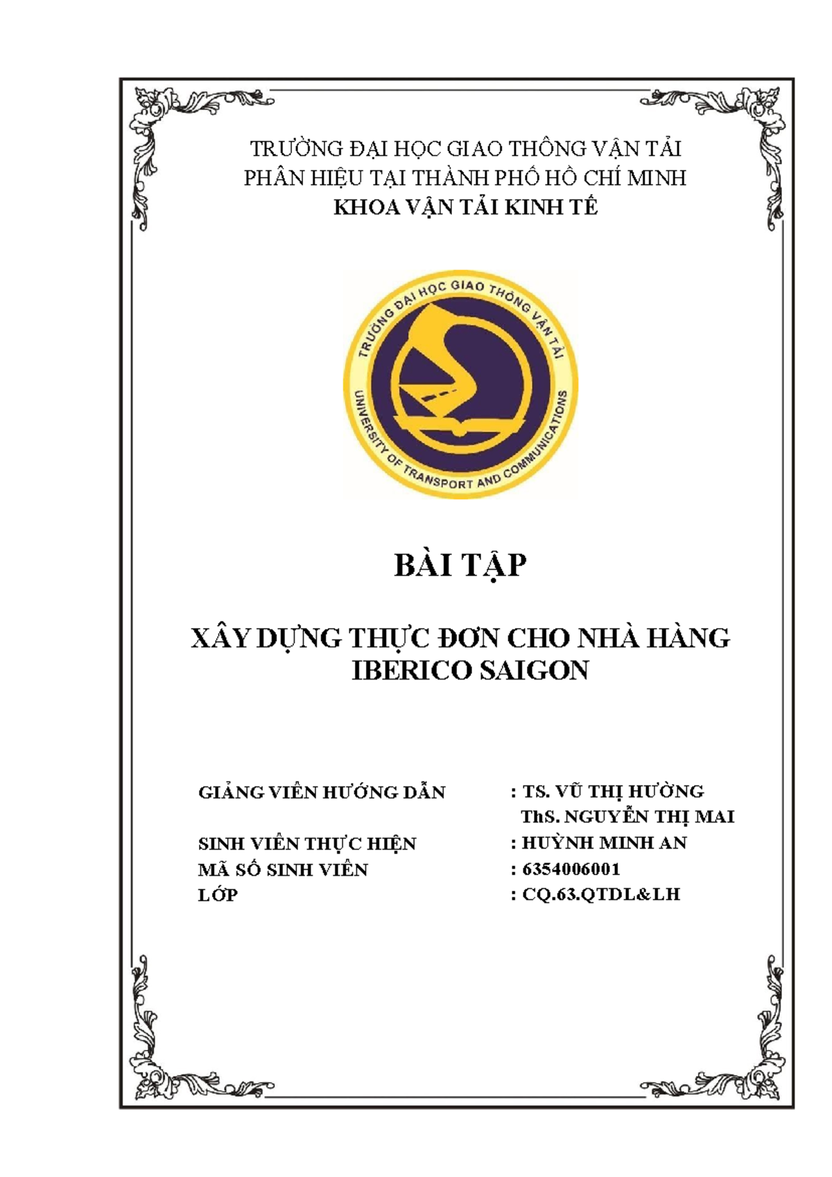 BÀI TẬP XÂY DỰNG THỰC ĐƠN NHÀ HÀNG IBERICO SAIGON - CGGH - Studocu
