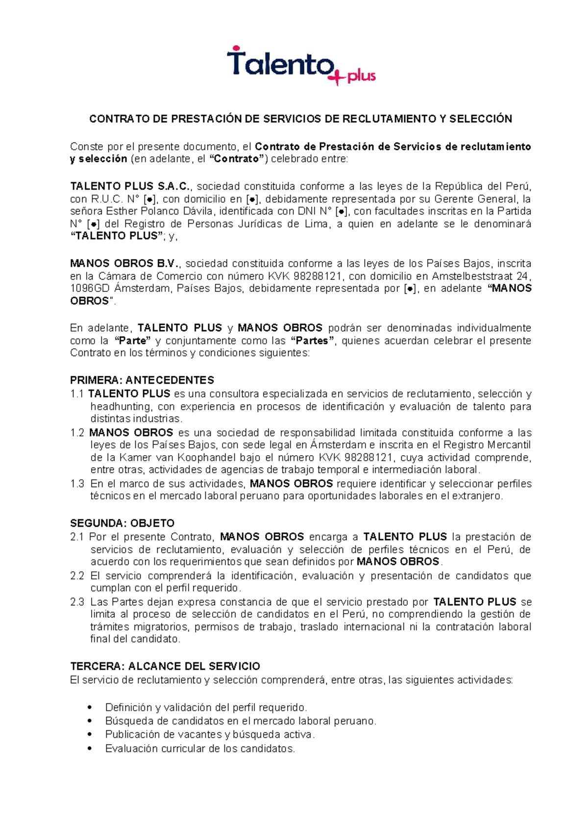 Contrato de Prestación de Servicios de Reclutamiento - TALENTO PLUS ...